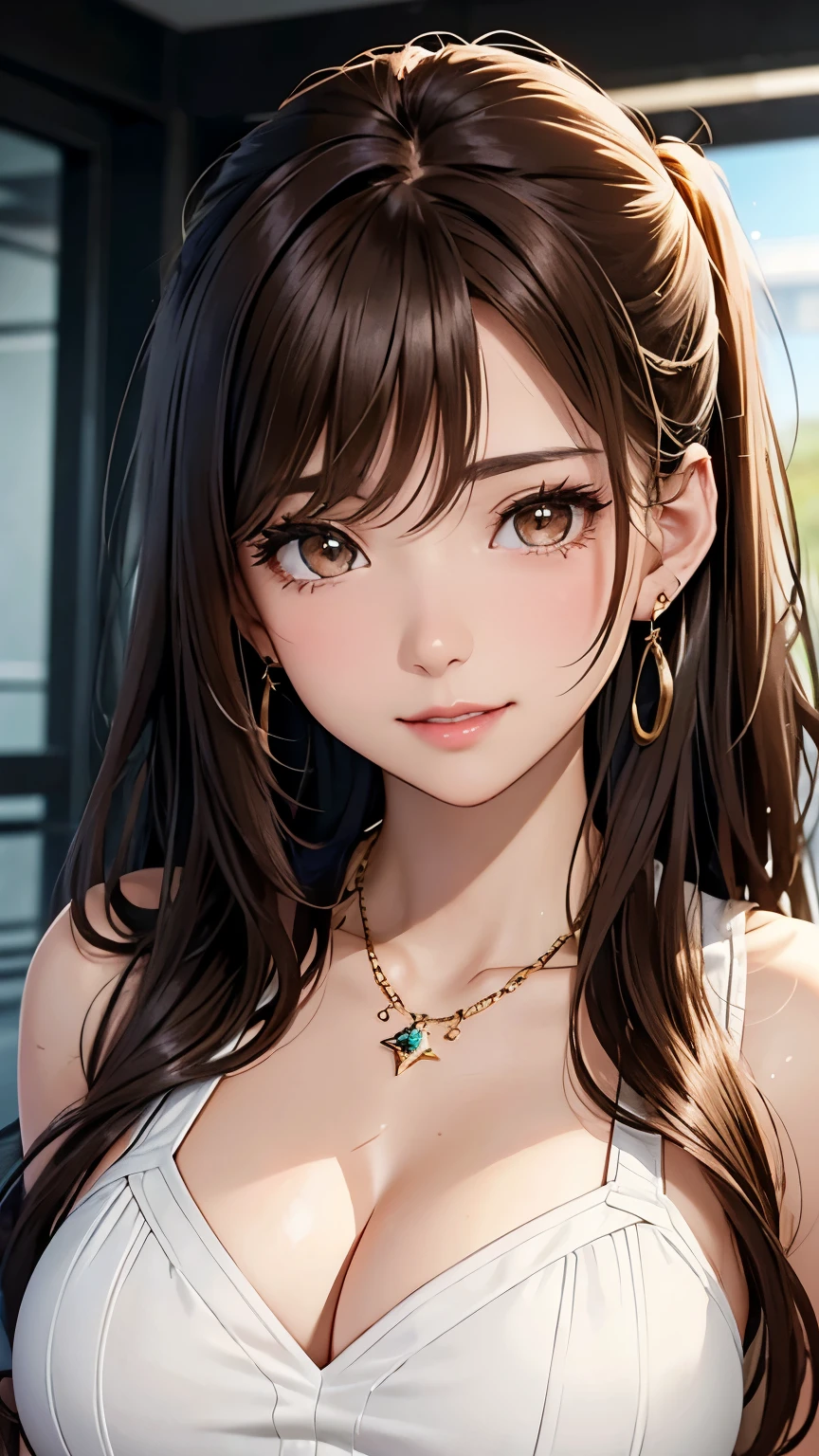 A woman with long brown hair and a white top - SeaArt AI