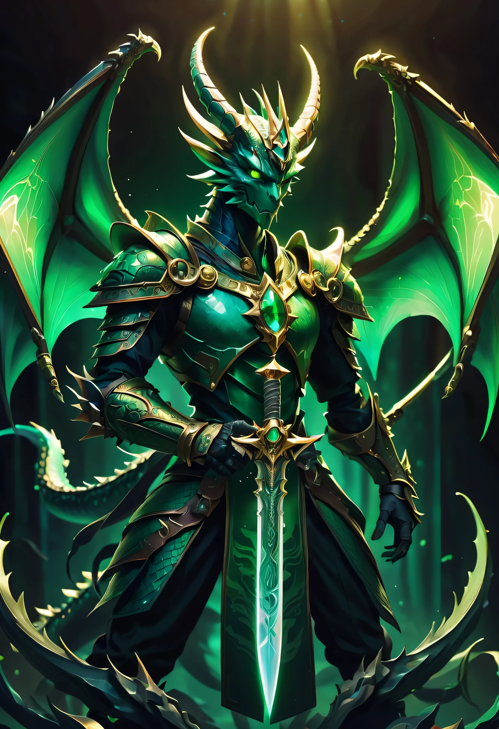 A green dragon with a sword and a green armor - SeaArt AI