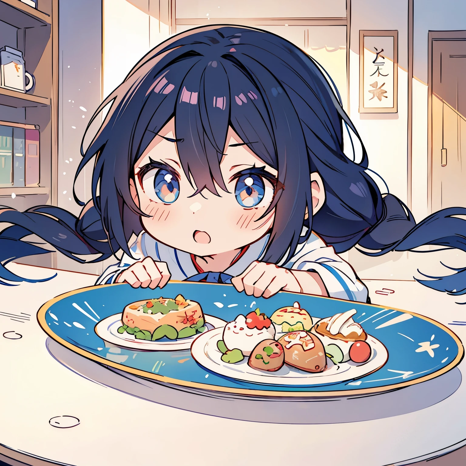 Anime girl eating a meal with a plate of food on a table - SeaArt AI