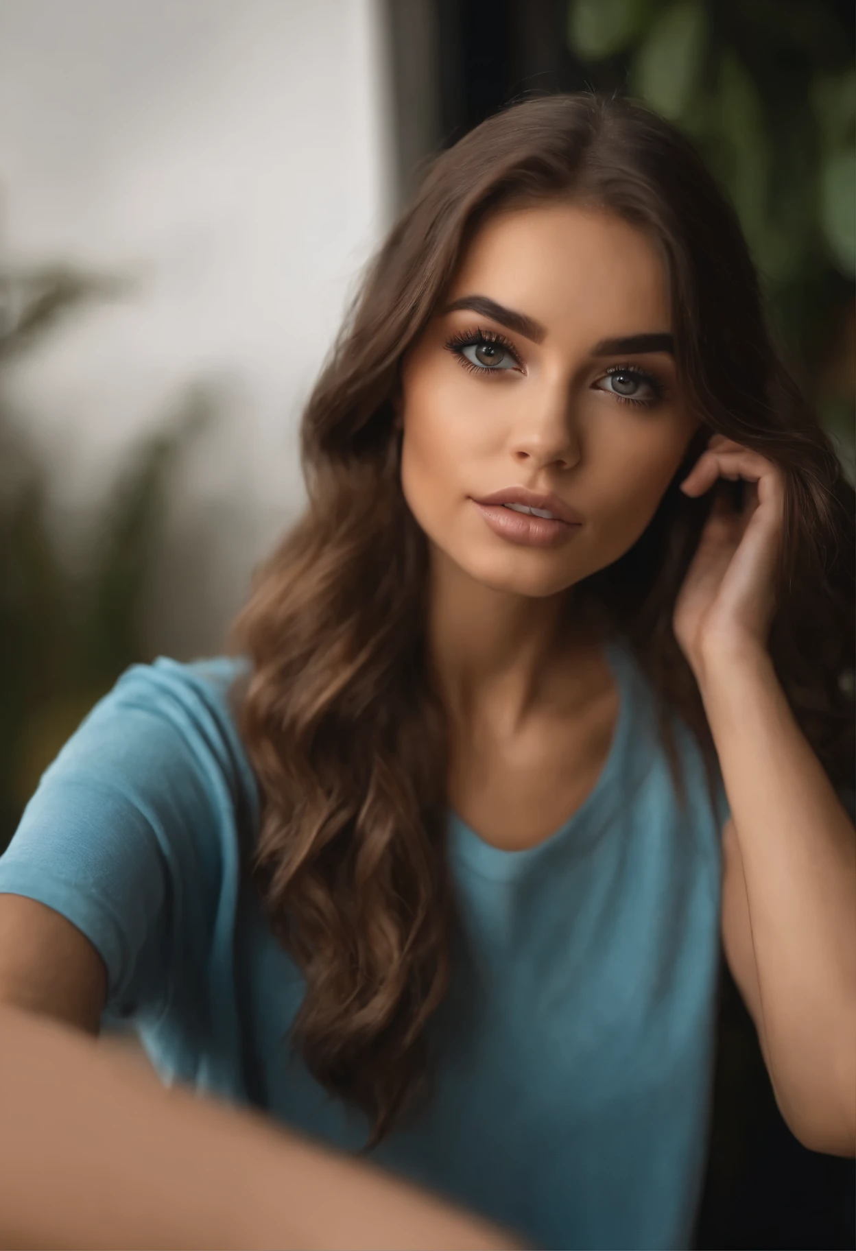 Arafed woman with long brown hair sitting in a chair - SeaArt AI