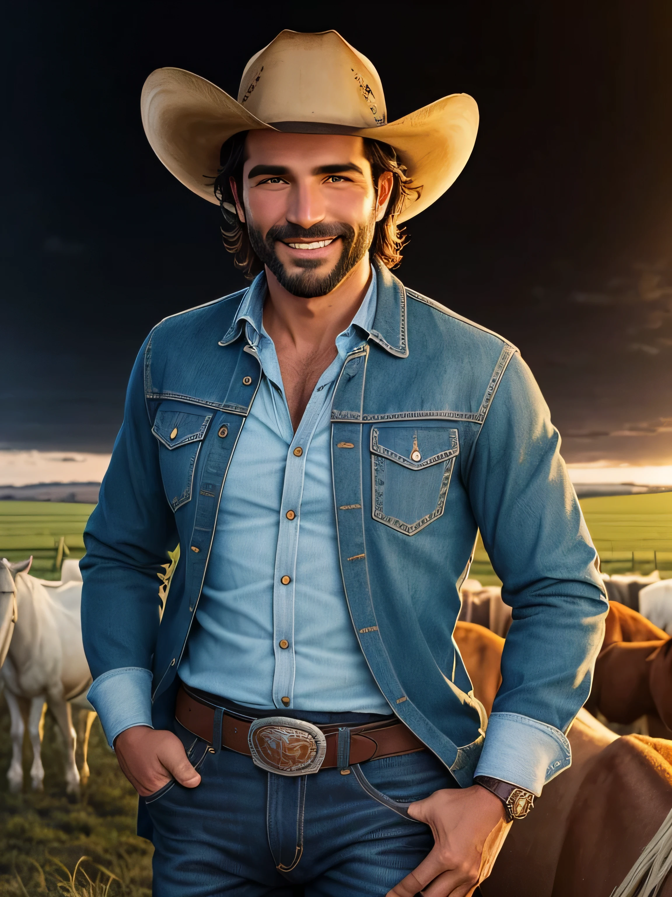 A close up of a man in a cowboy hat standing in front of a herd of ...
