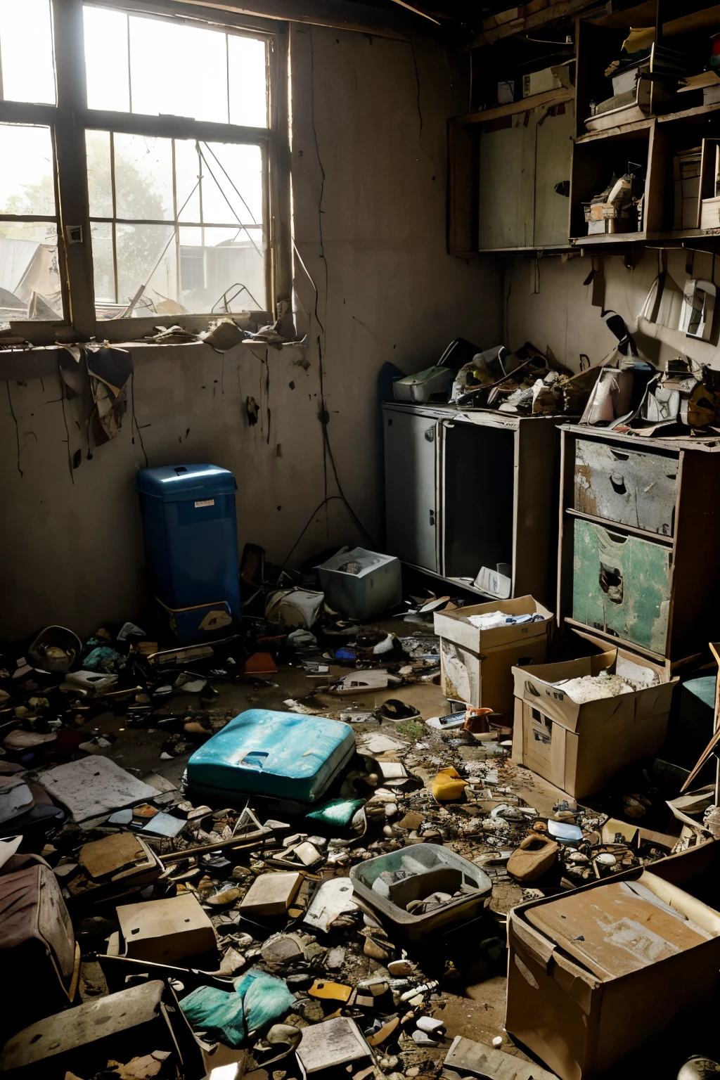 Arafed room with a lot of junk and a window - SeaArt AI