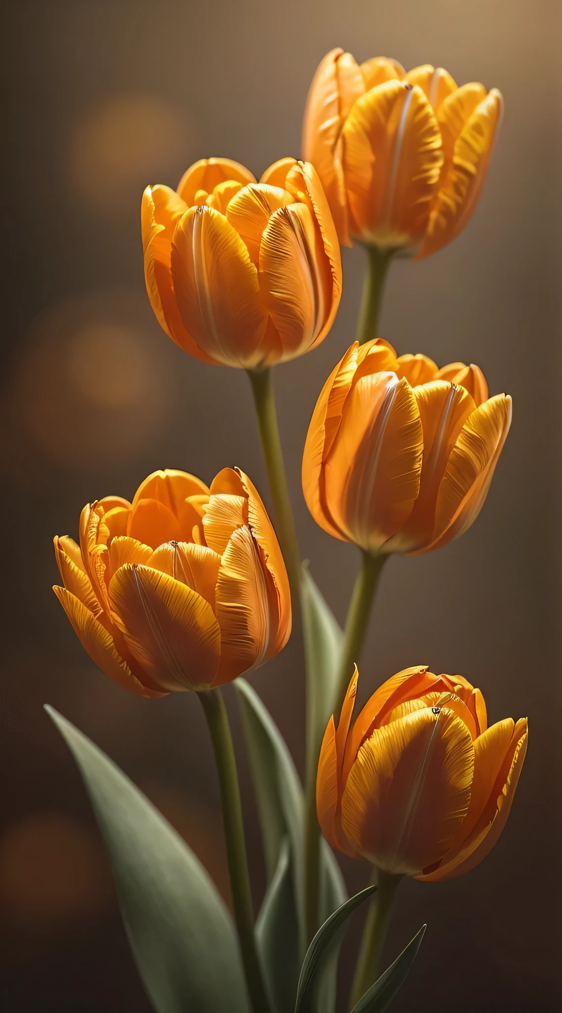 There are three orange tulips in a vase on a table - SeaArt AI