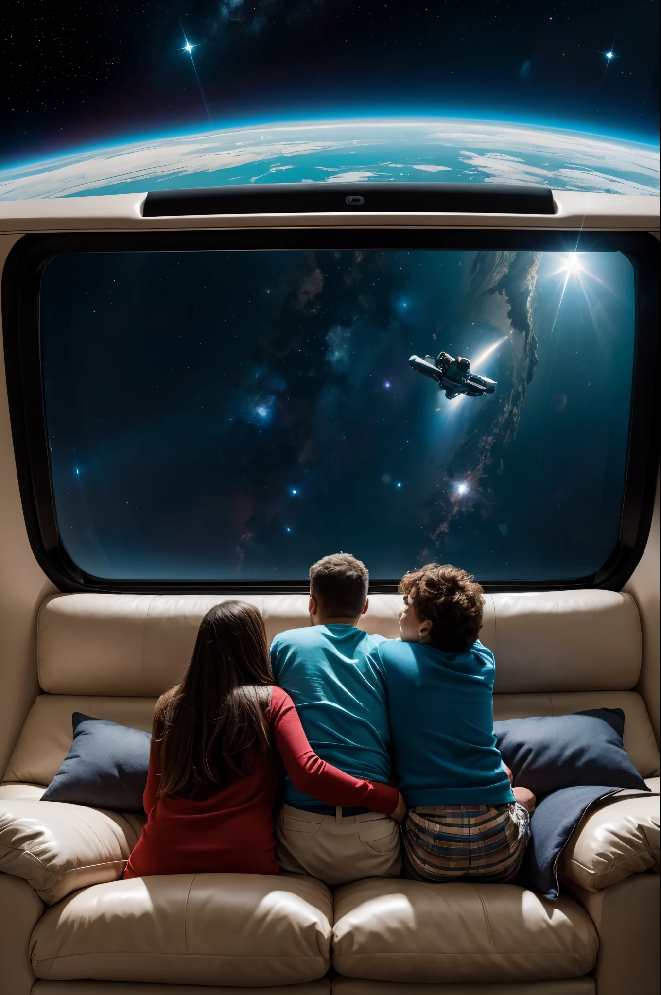 Three children sitting on a couch watching a space shuttle fly by ...