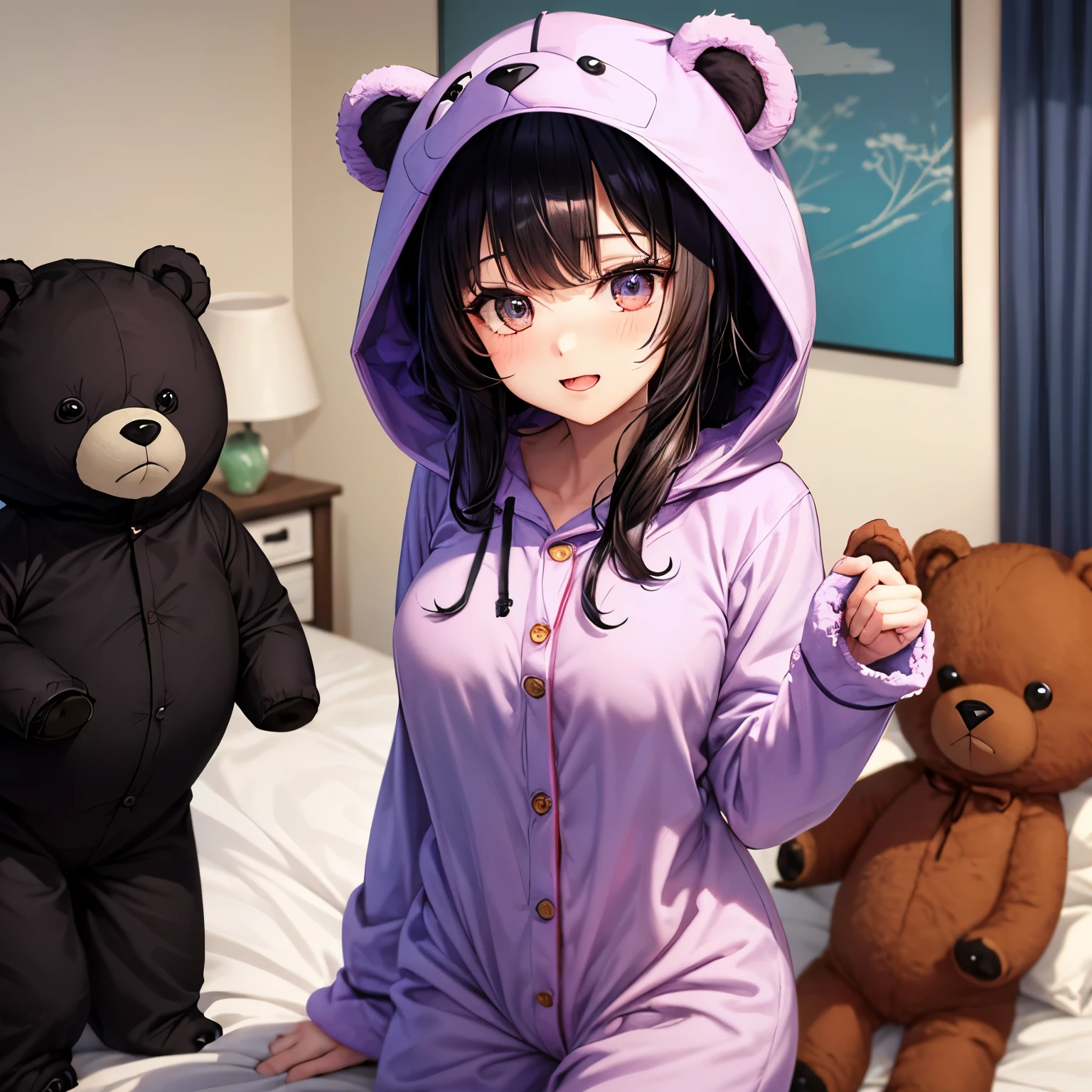 There is a woman in a purple bear suit sitting on a bed - SeaArt AI