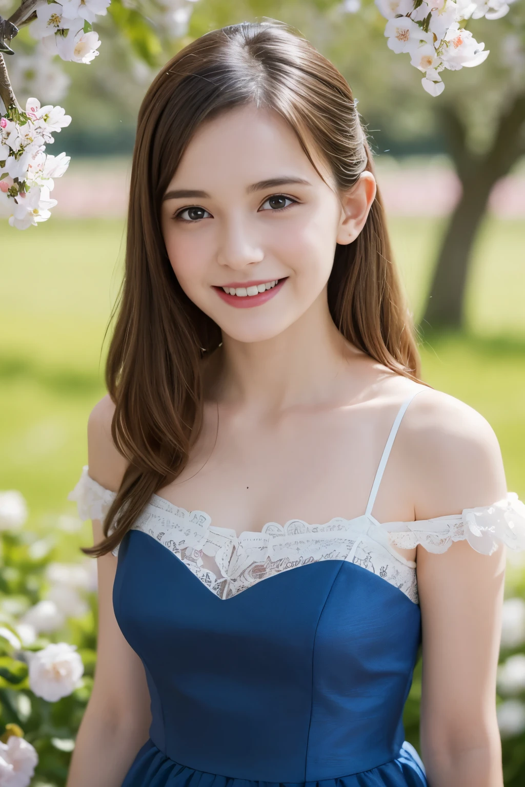 A woman in a blue dress standing in front of a tree - SeaArt AI