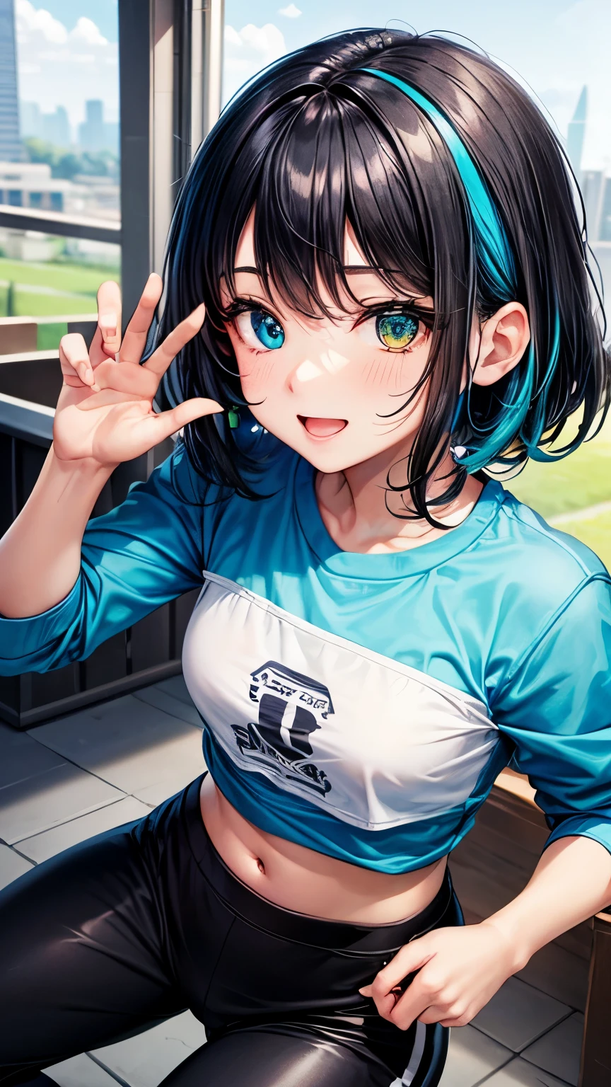 Anime girl with blue hair and black pants posing for a picture - SeaArt AI