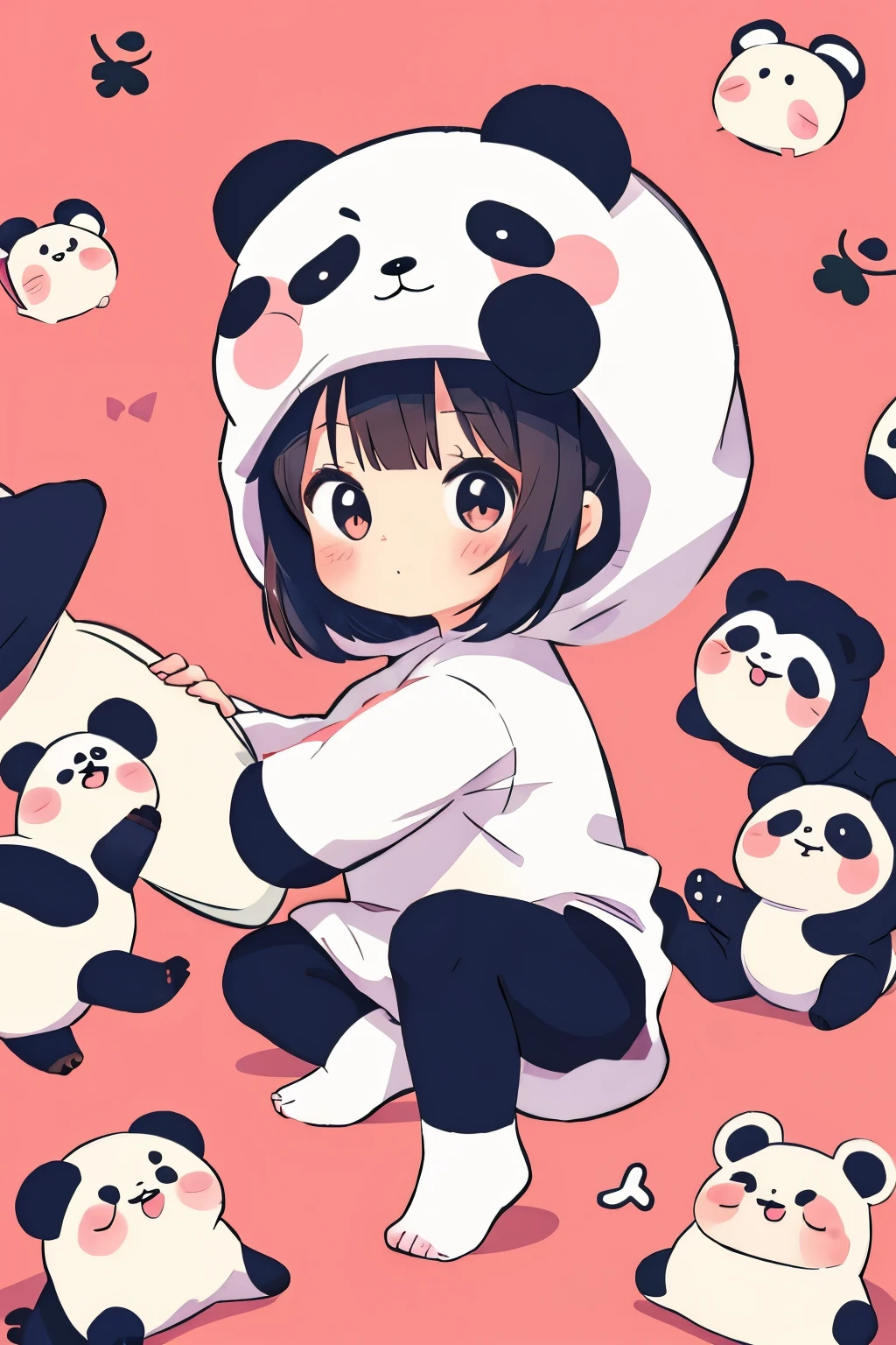A girl in a panda suit surrounded by panda bears - SeaArt AI