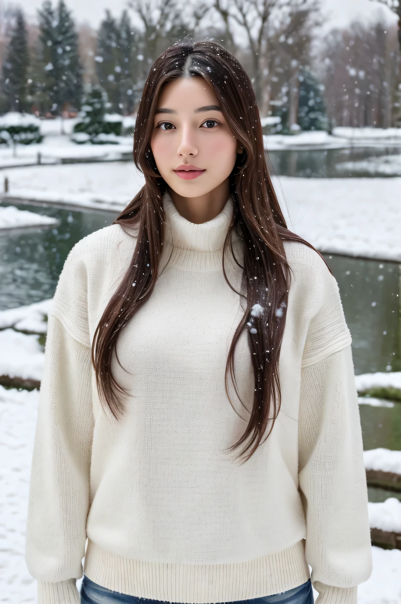 A woman standing in the snow wearing a white sweater - SeaArt AI