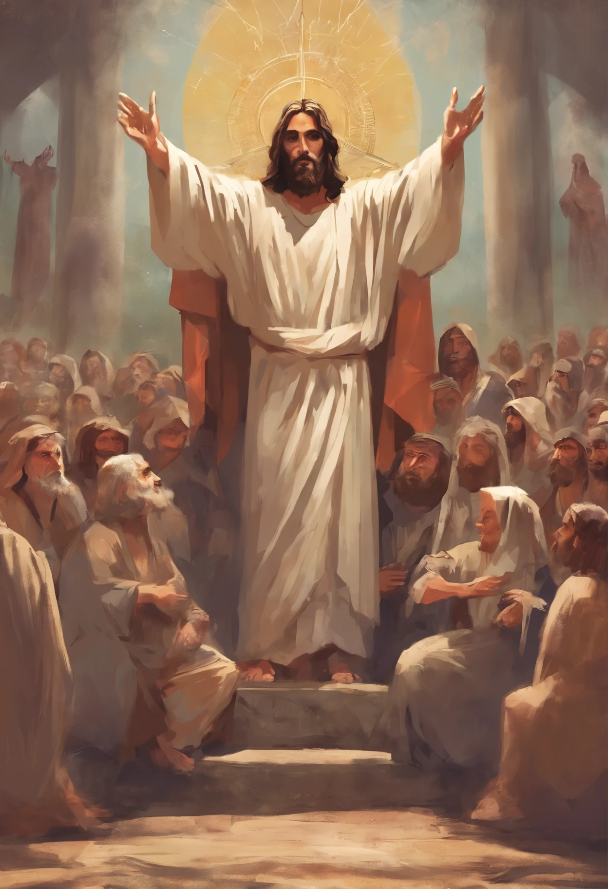 Jesus standing in front of a crowd of people with his arms outstretched ...