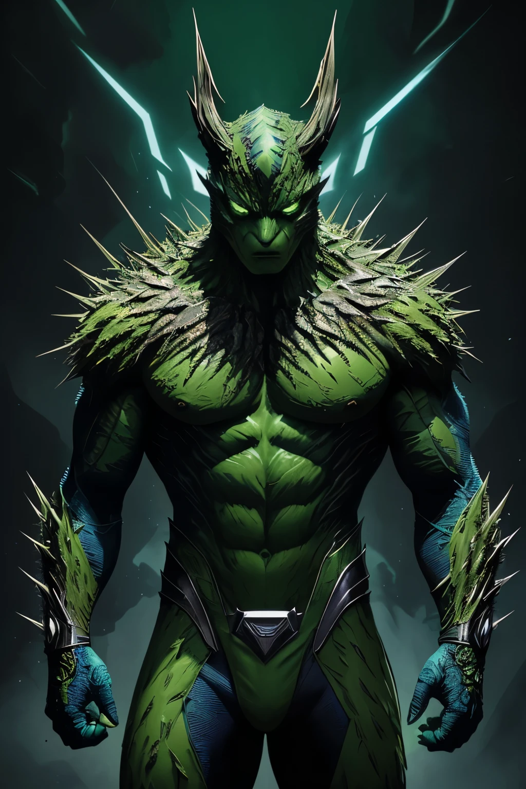 A green man with horns and a green body and a black belt - SeaArt AI