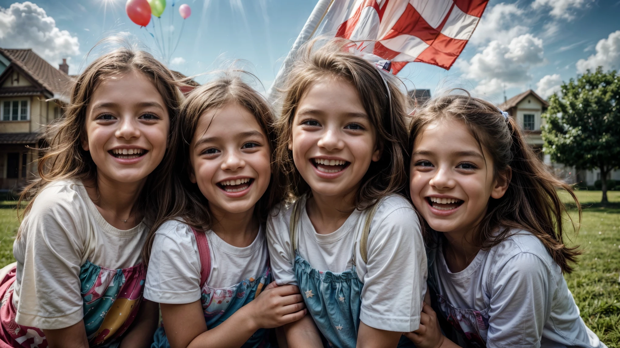 There are four girls that are smiling together in the grass - SeaArt AI