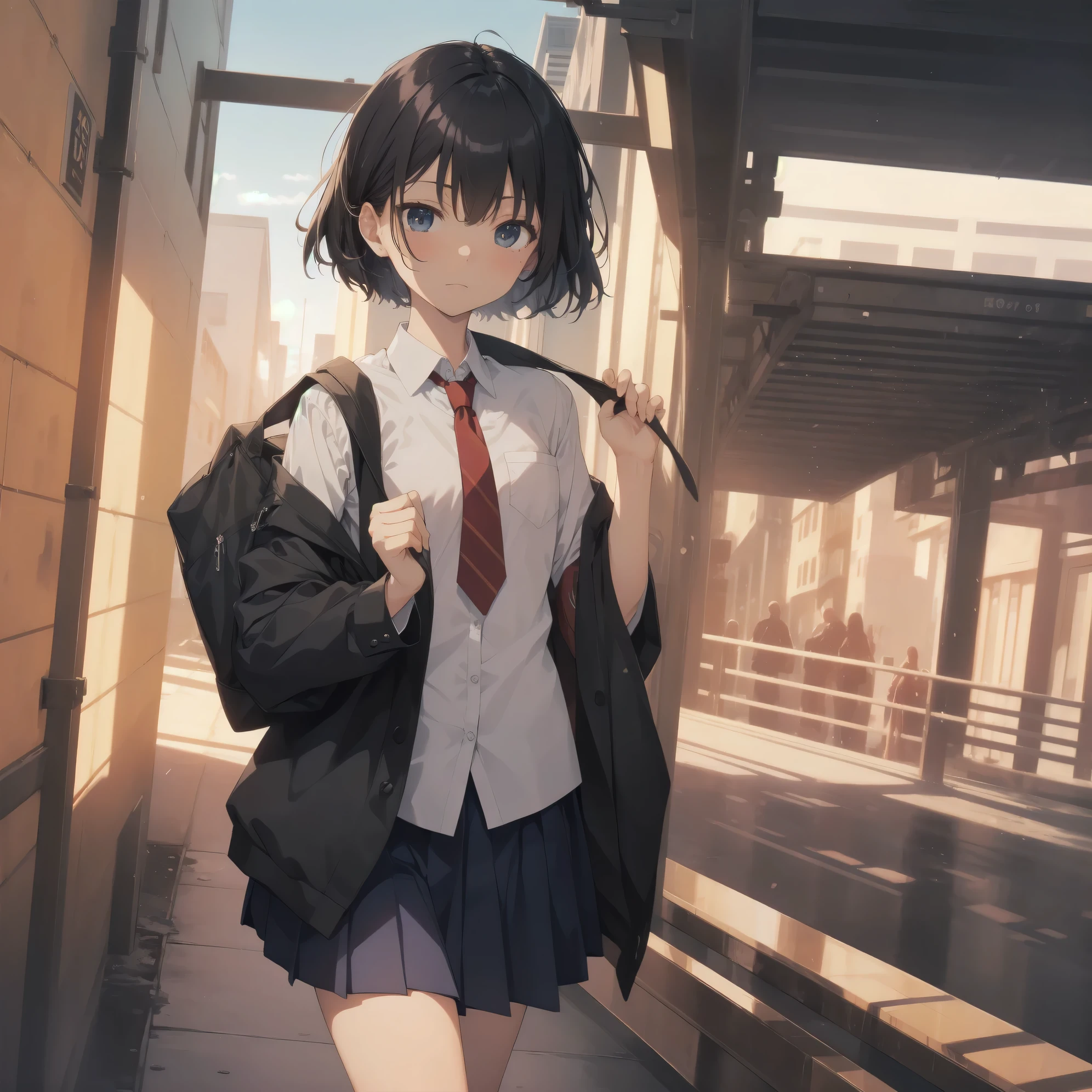 Anime girl in school uniform walking down a street with a backpack ...