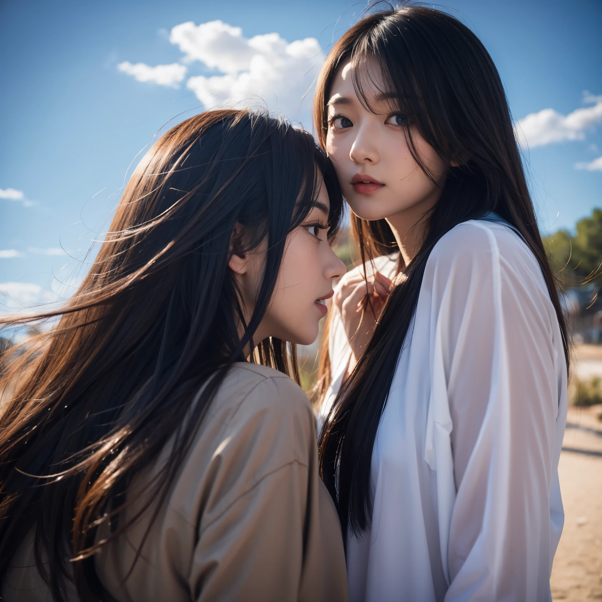 Two young women standing next to each other on a beach - SeaArt AI