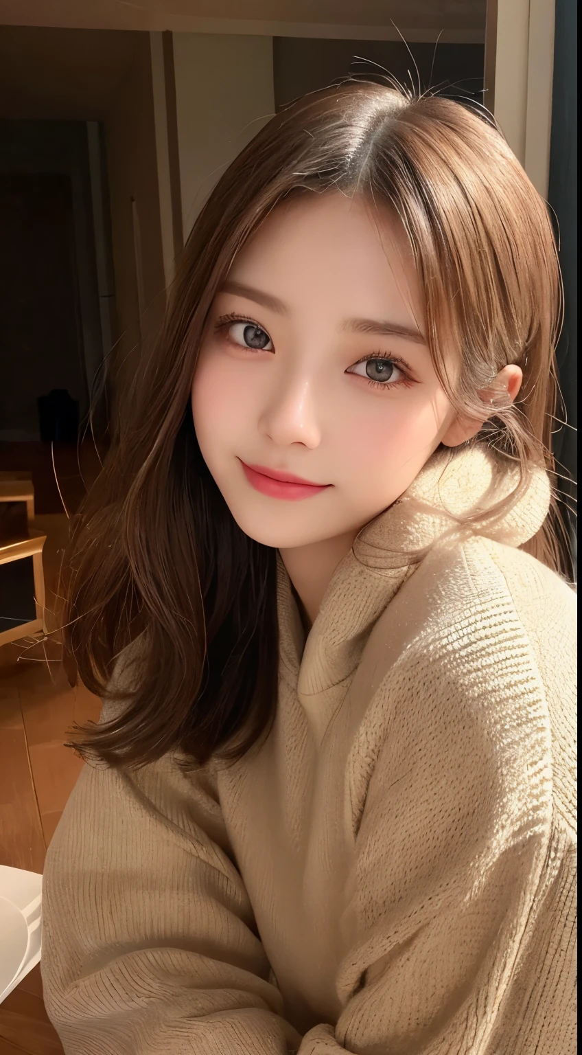 A close up of a woman with long hair wearing a sweater - SeaArt AI