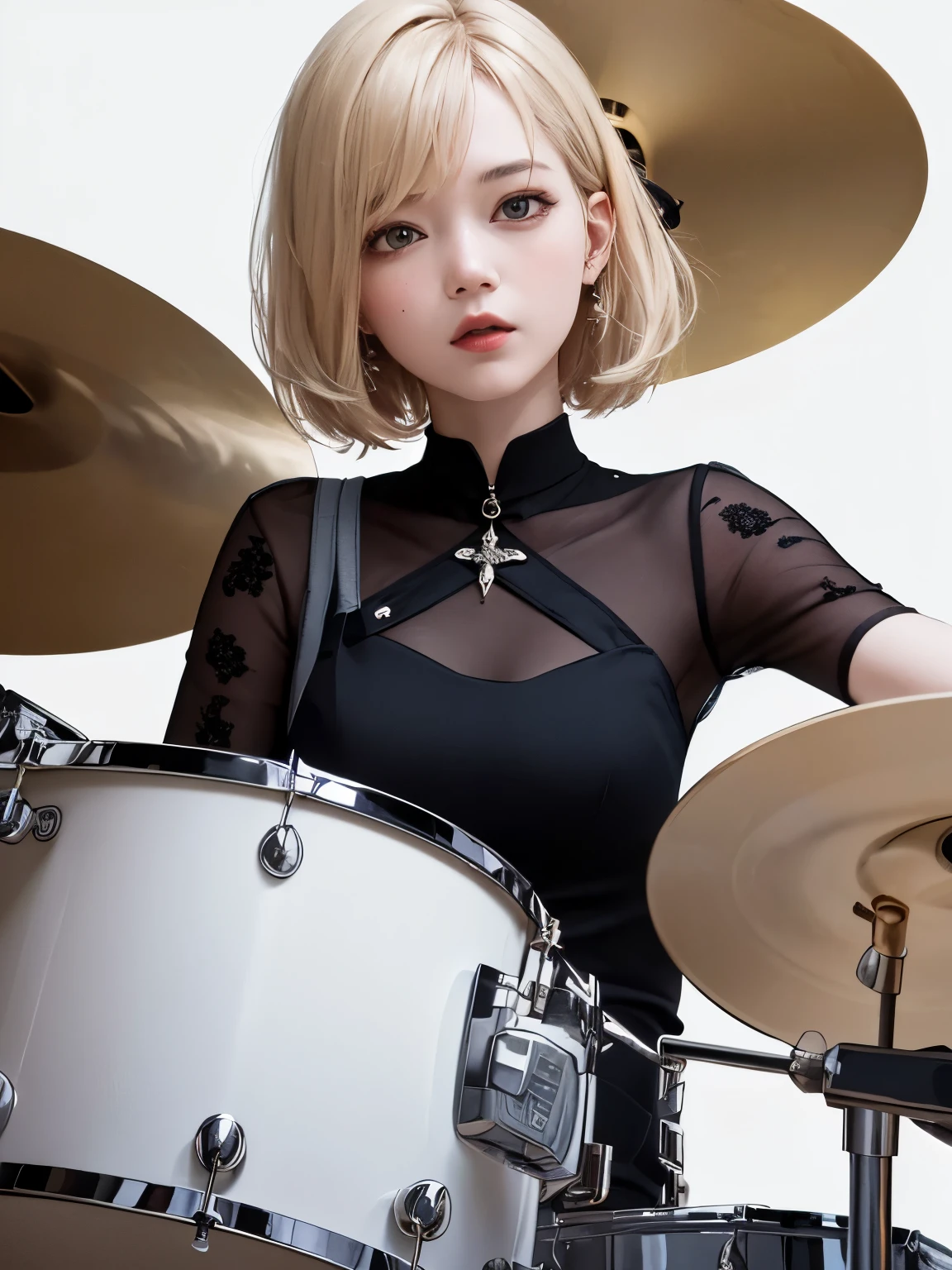 A close up of a woman with a drum set in front of a white background ...