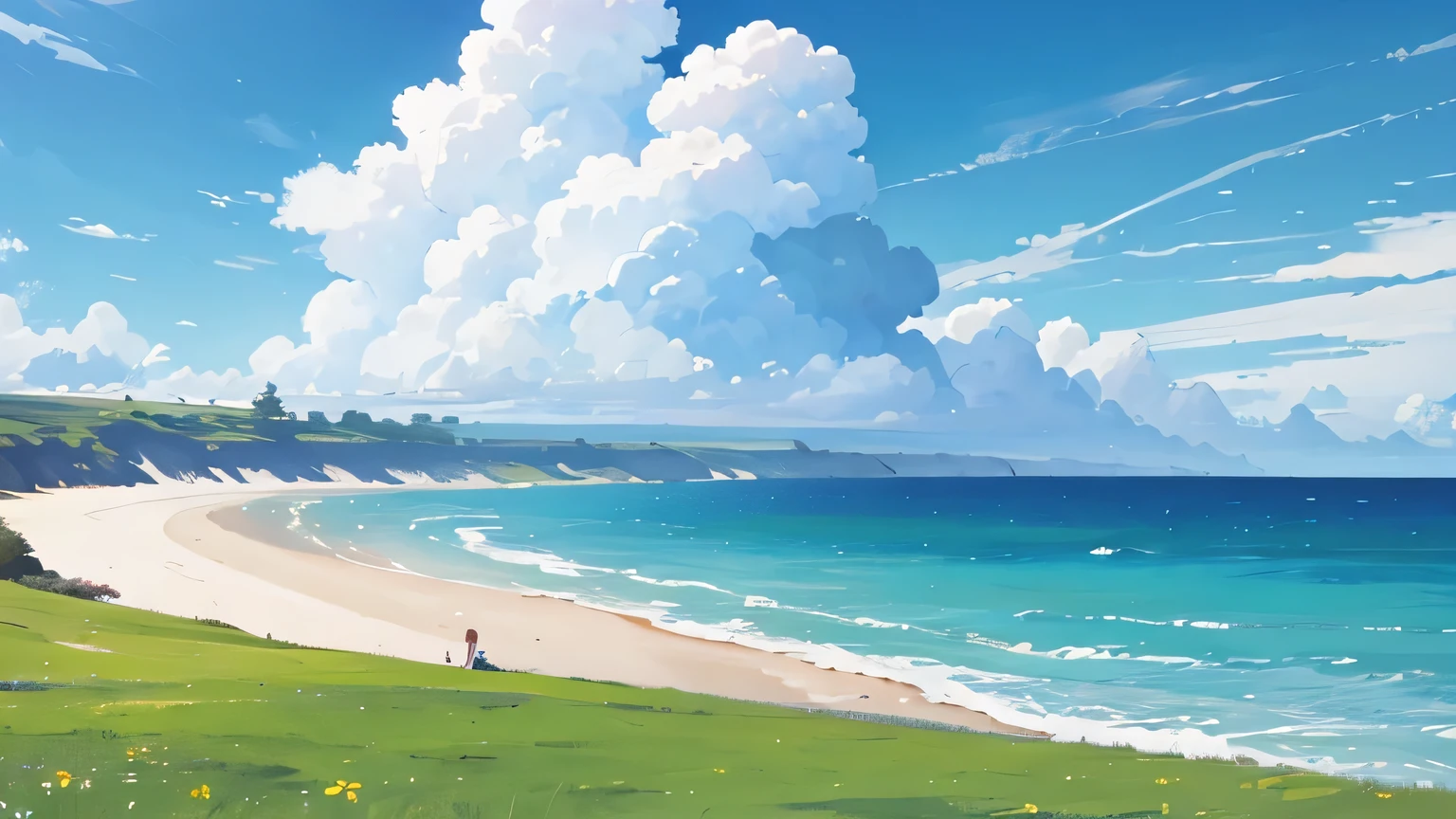 Anime scenery of a beach with a person walking on the shore - SeaArt AI