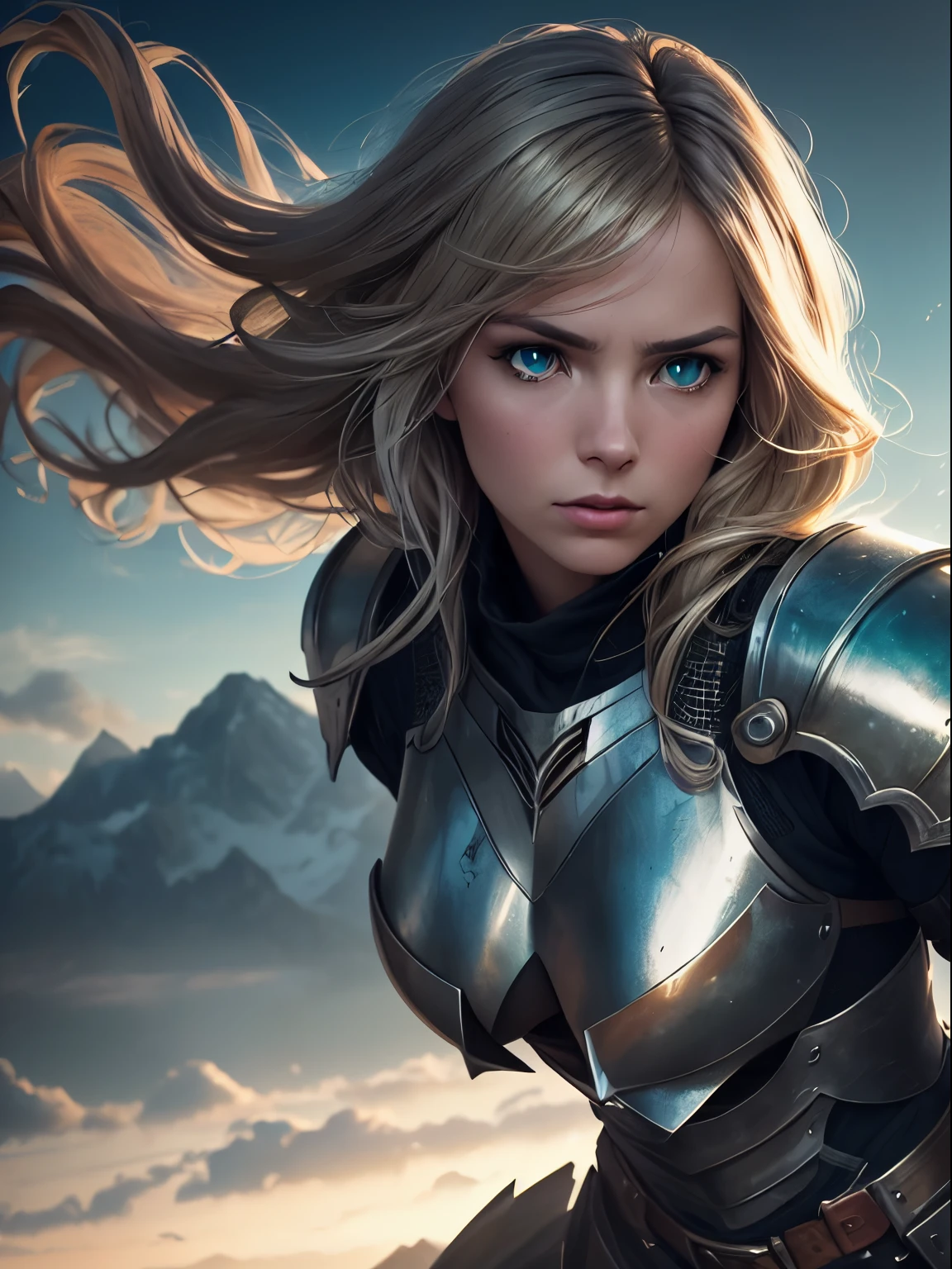 A woman in armor with a mountain in the background - SeaArt AI
