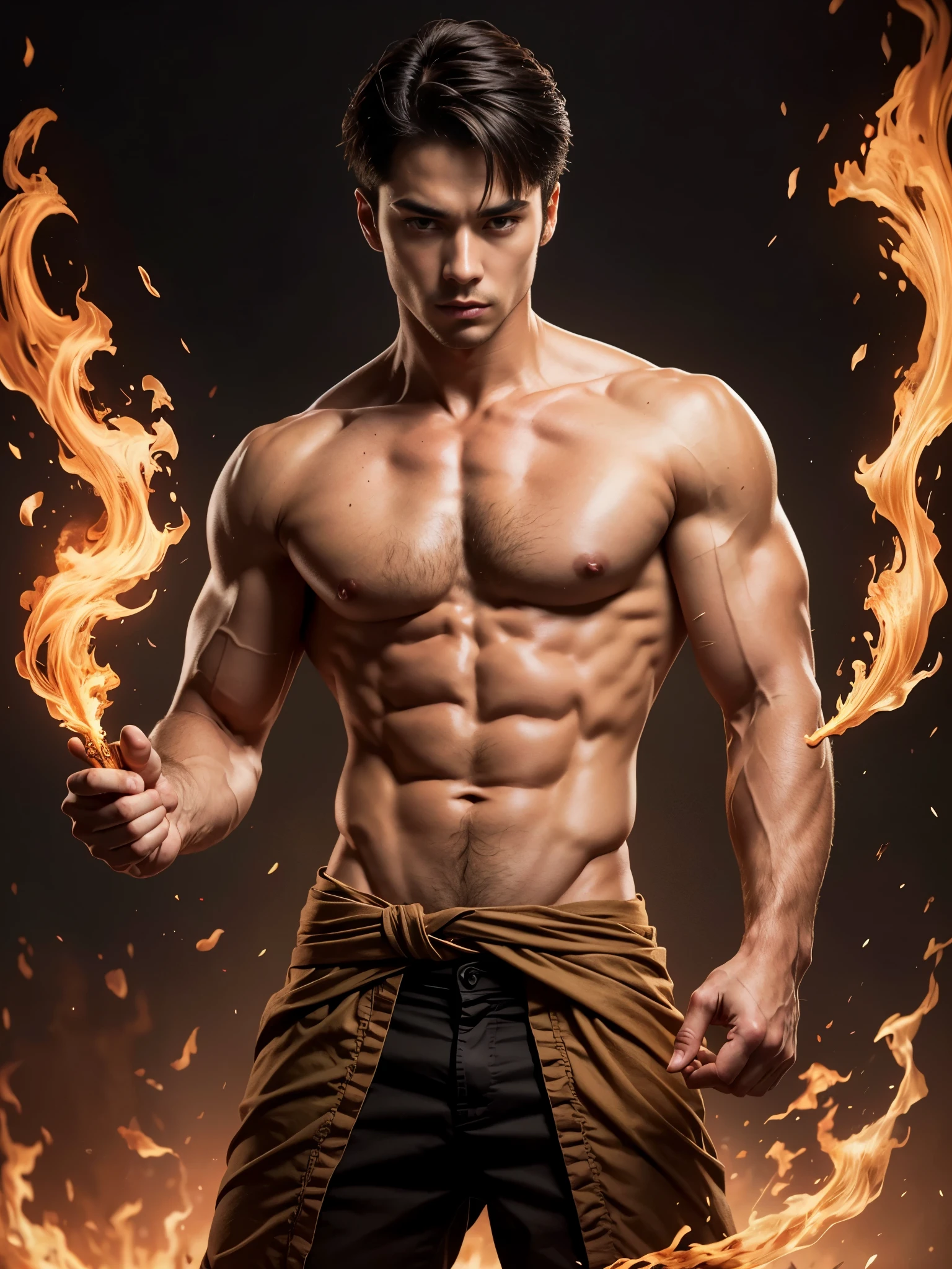 A man with a shirtless torso and no shirt is holding a fire - SeaArt AI