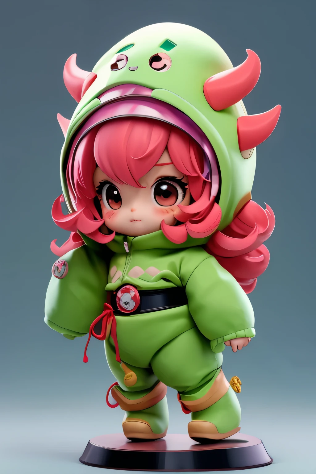 A close up of a doll with a green outfit and pink hair - SeaArt AI
