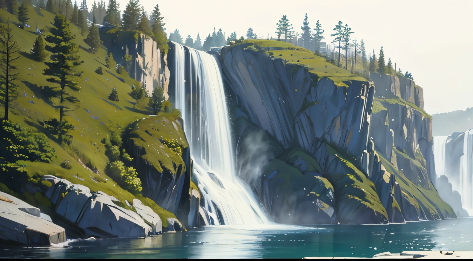 There is a painting of a waterfall in the middle of a mountain - SeaArt AI