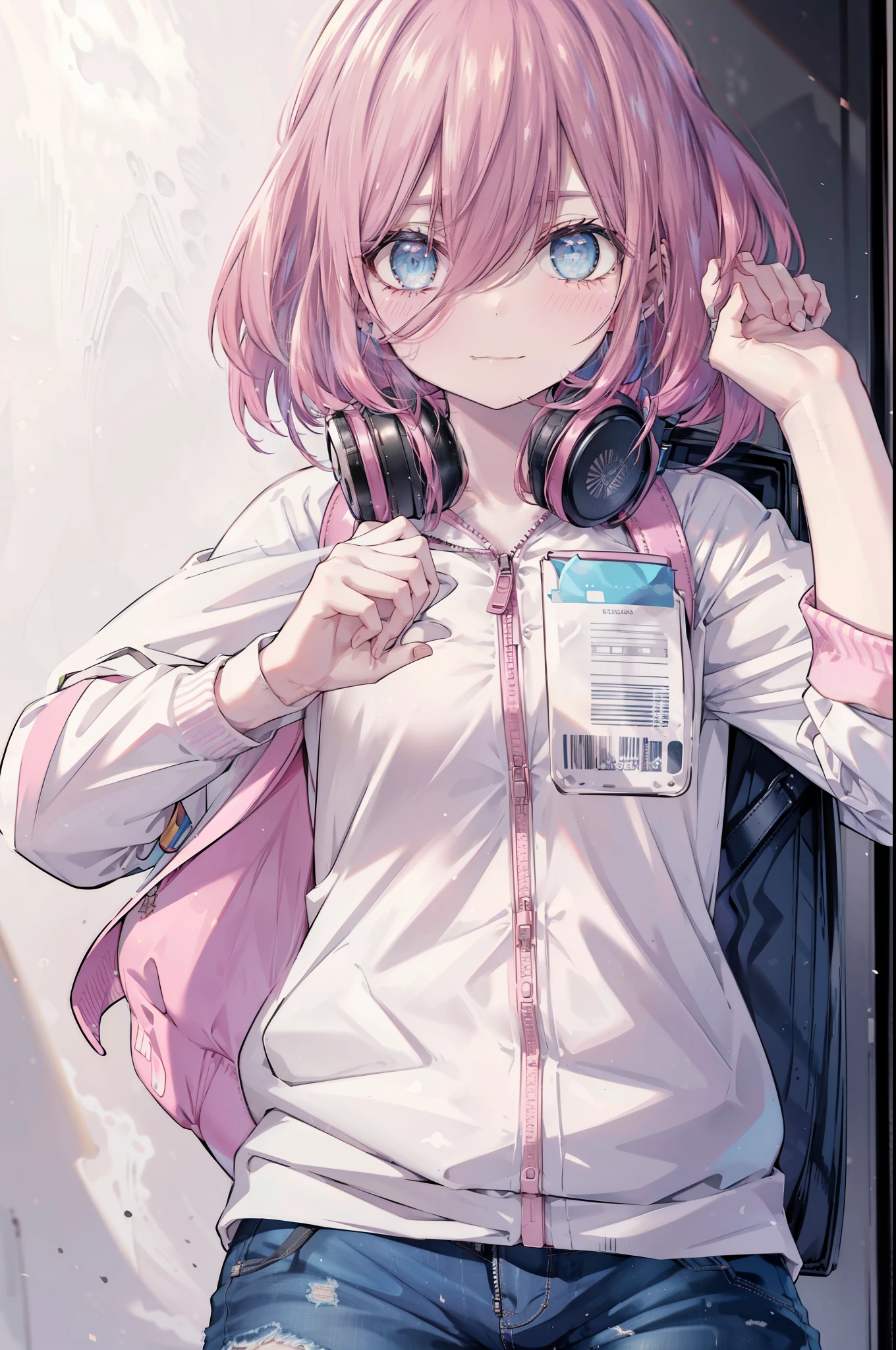 Chica de anime con auriculares y una mochila con una etiqueta con un ...