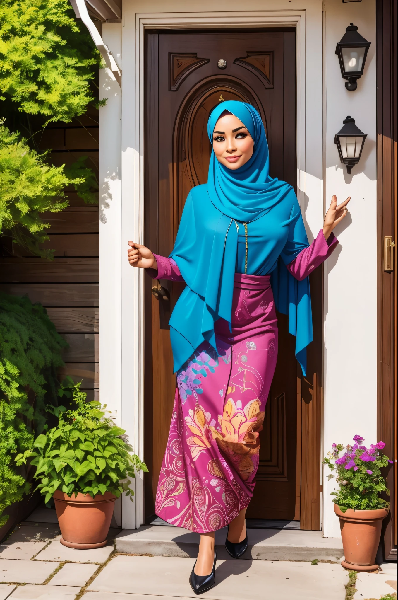 A woman in a blue hijab is standing in front of a door - SeaArt AI