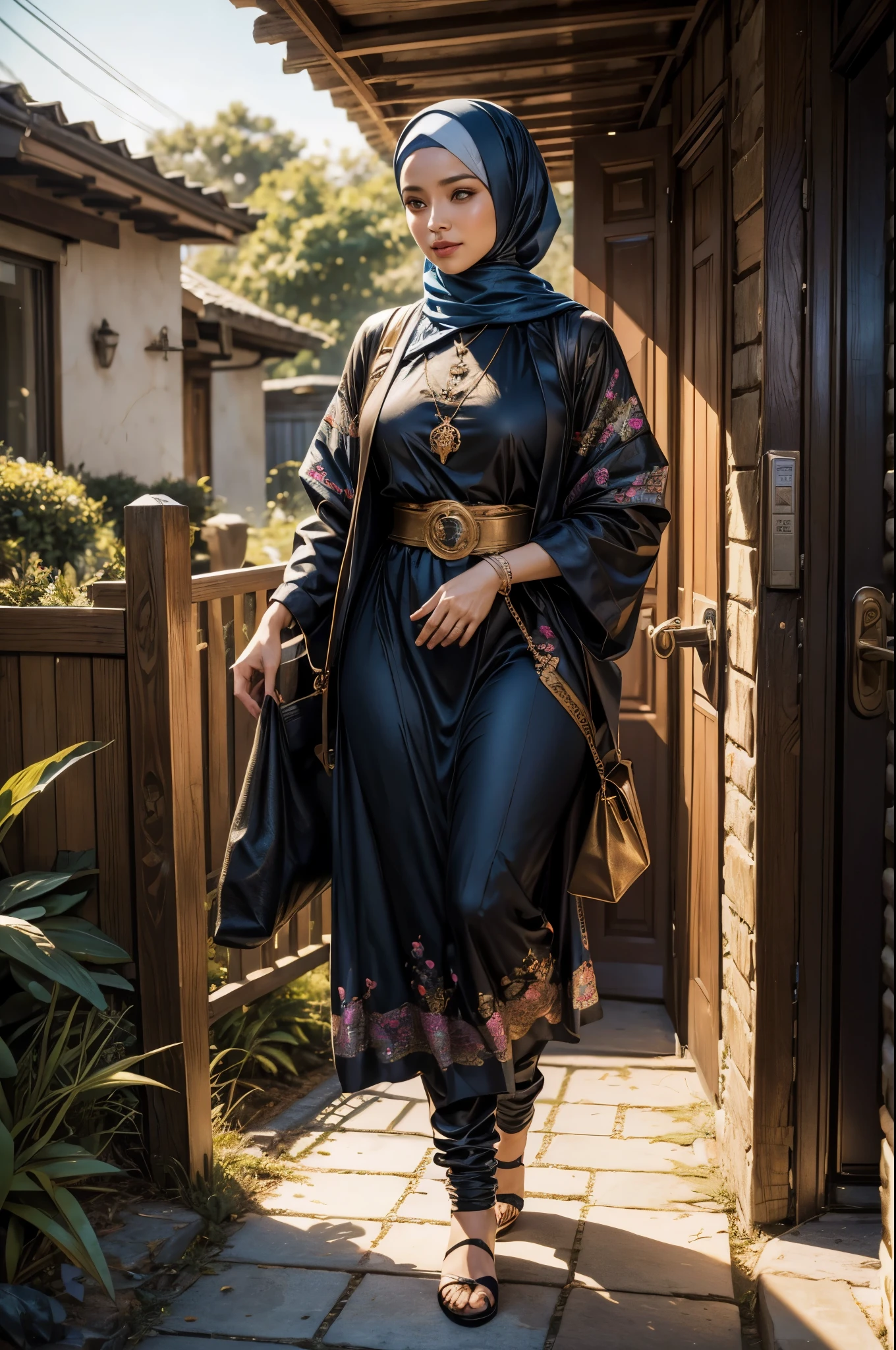 A woman in a black dress and hijab stands outside a house - SeaArt AI