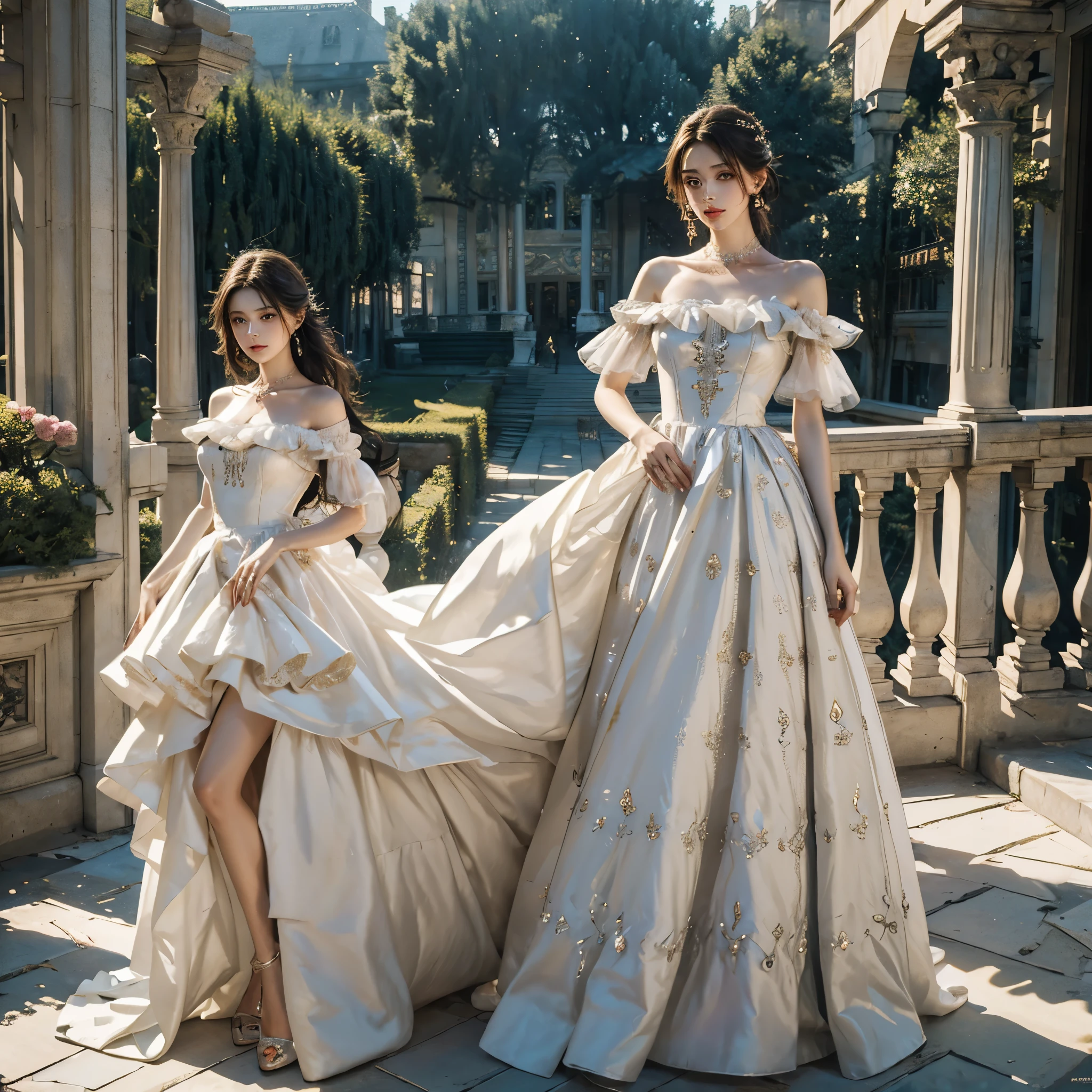 Two women in wedding dresses standing on a balcony - SeaArt AI