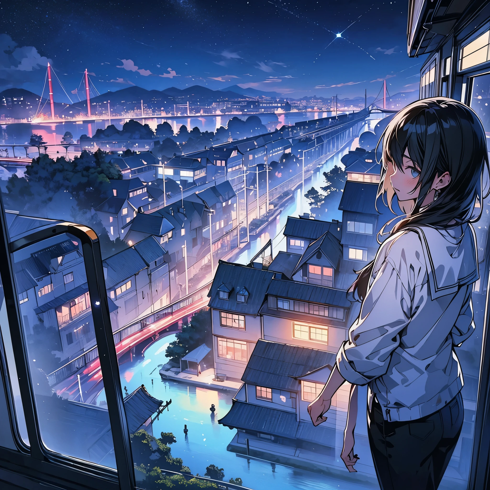 Anime girl looking out of window at city at night - SeaArt AI