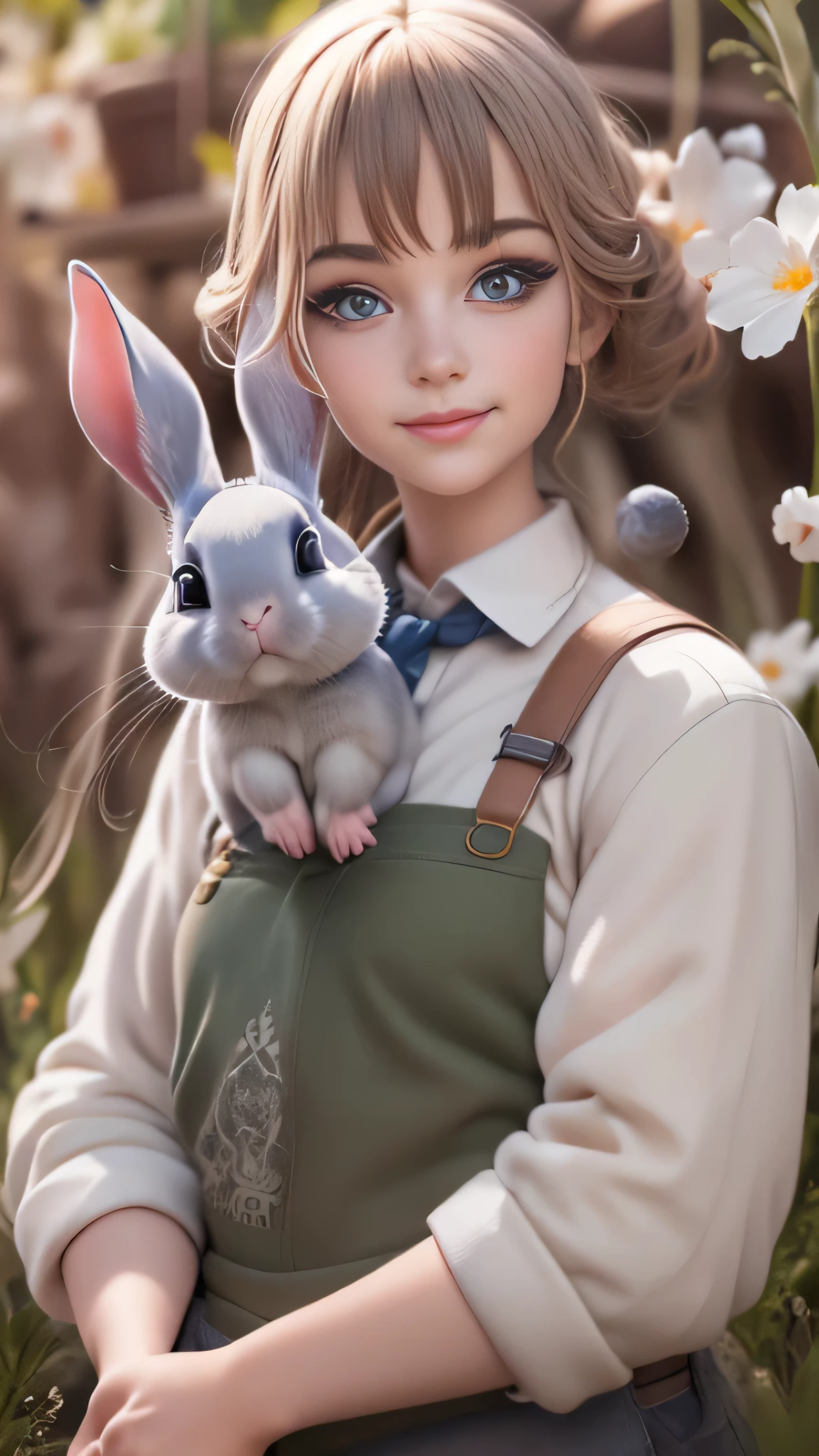A woman holding a rabbit in her arms in a field of flowers - SeaArt AI