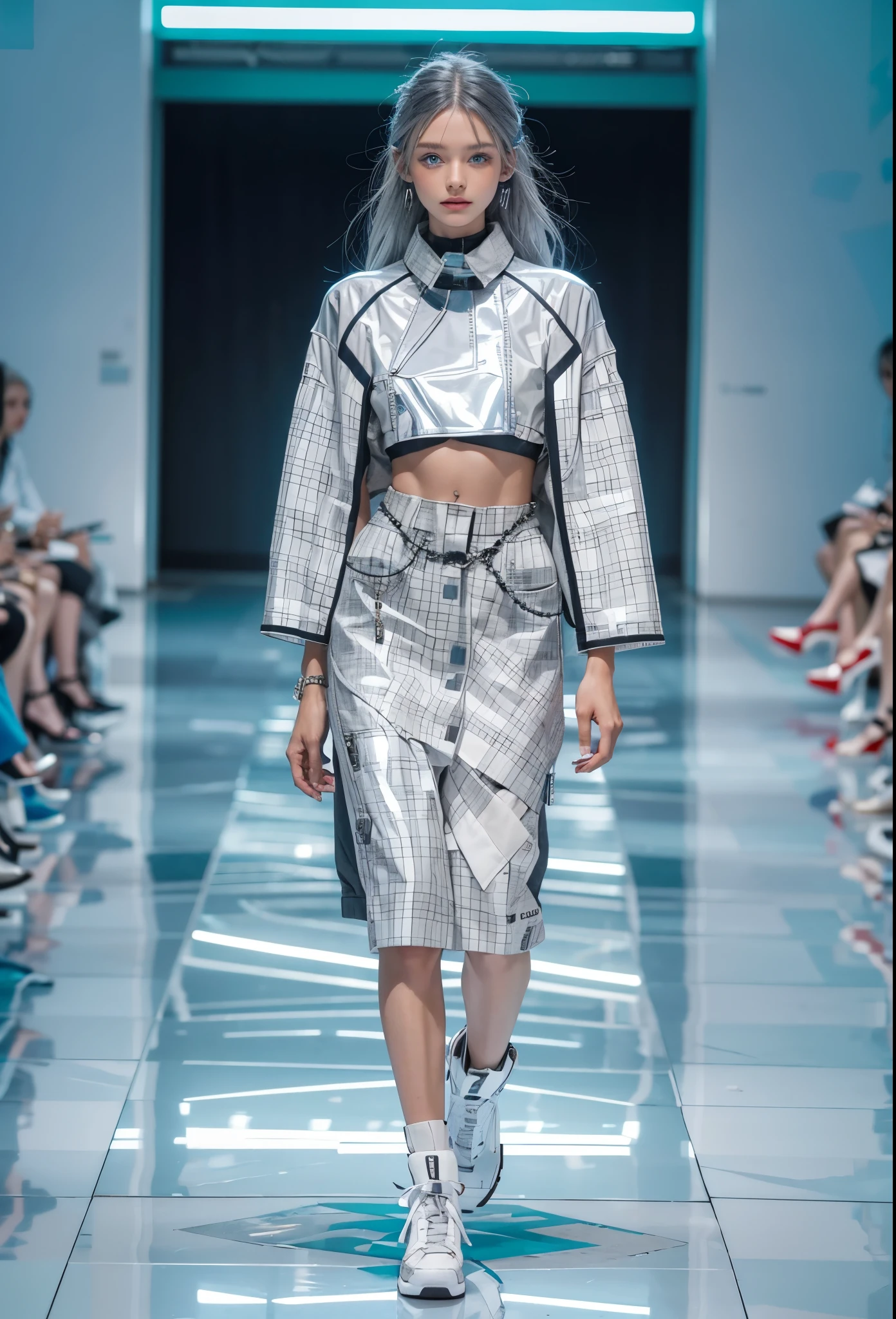 A model walks the runway in a silver ensemble - SeaArt AI