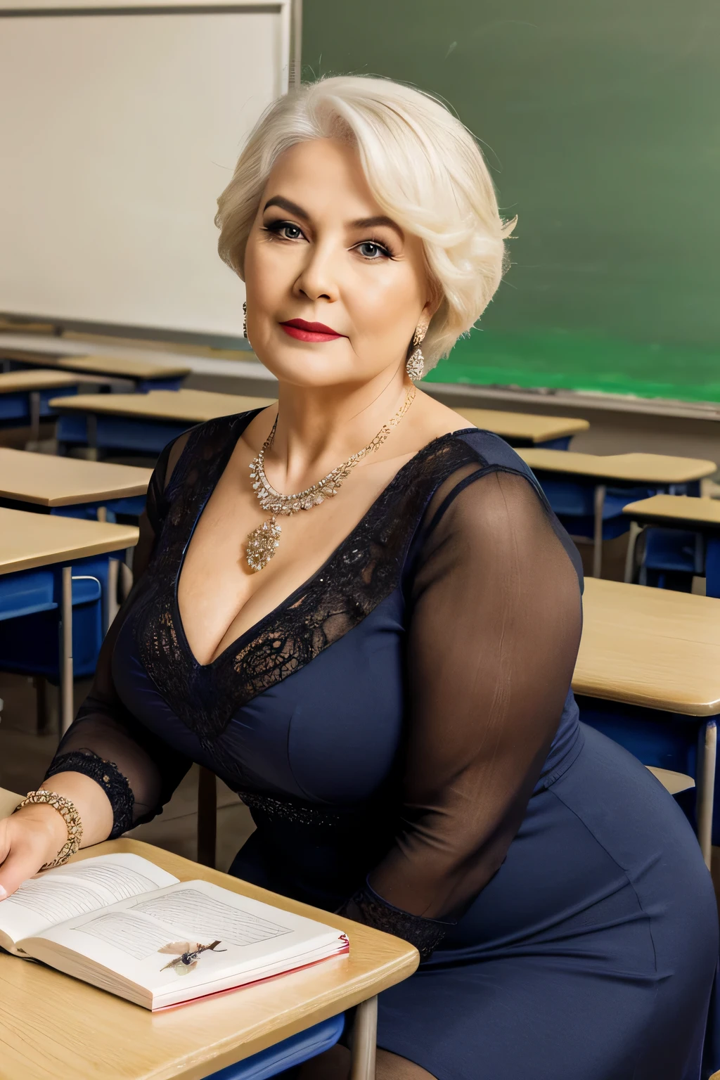 Woman in a black dress sitting at a desk with a book - SeaArt AI