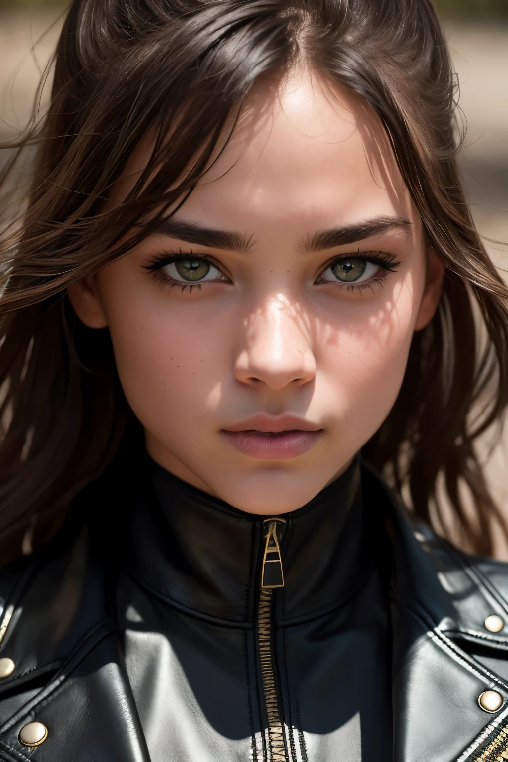 A close up of a woman wearing a leather jacket and a black jacket ...