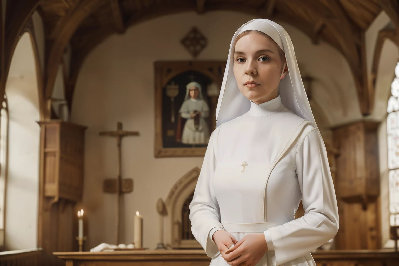 A woman in a white nun outfit standing in a church - SeaArt AI