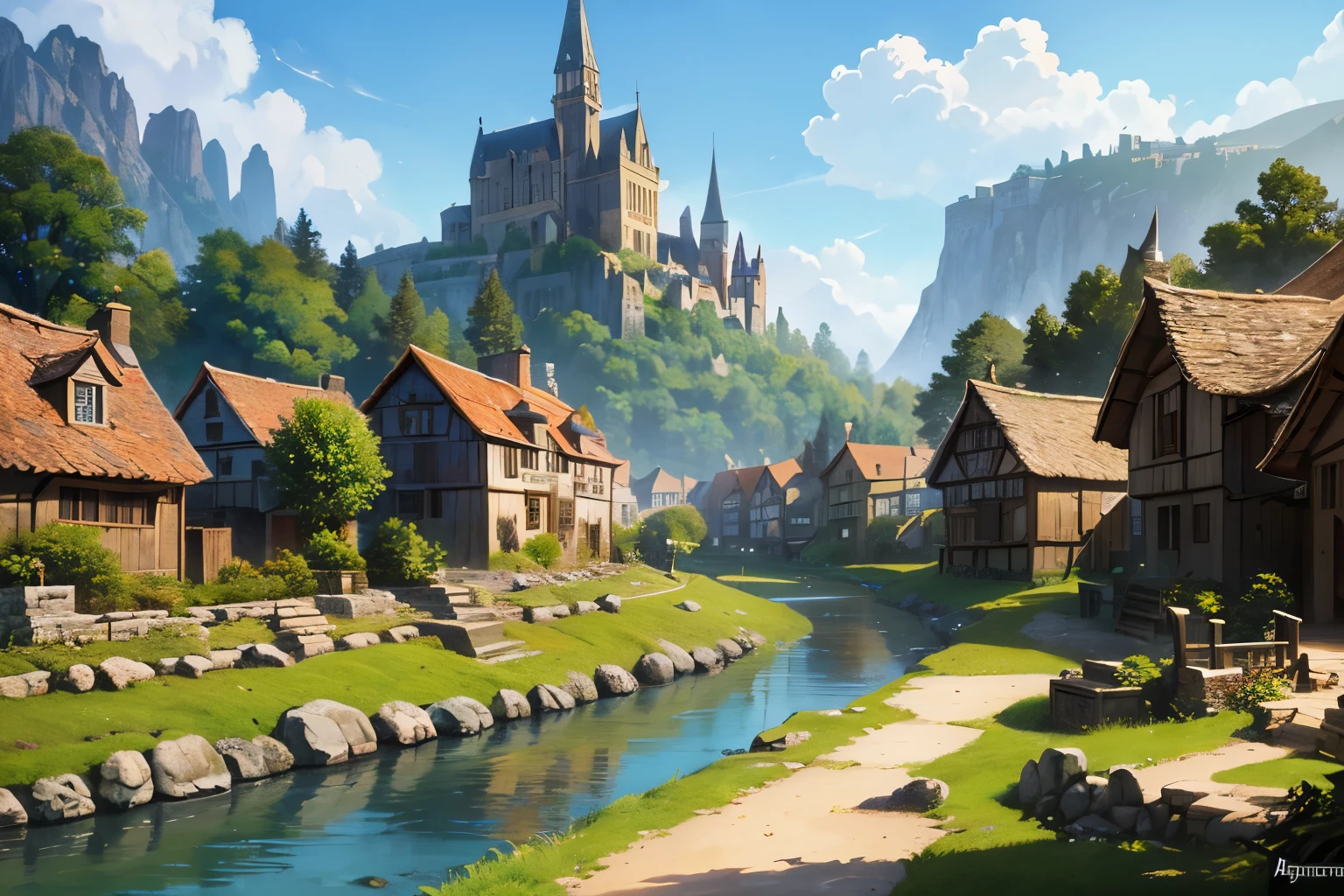 A close up of a small town with a river and a castle in the background ...