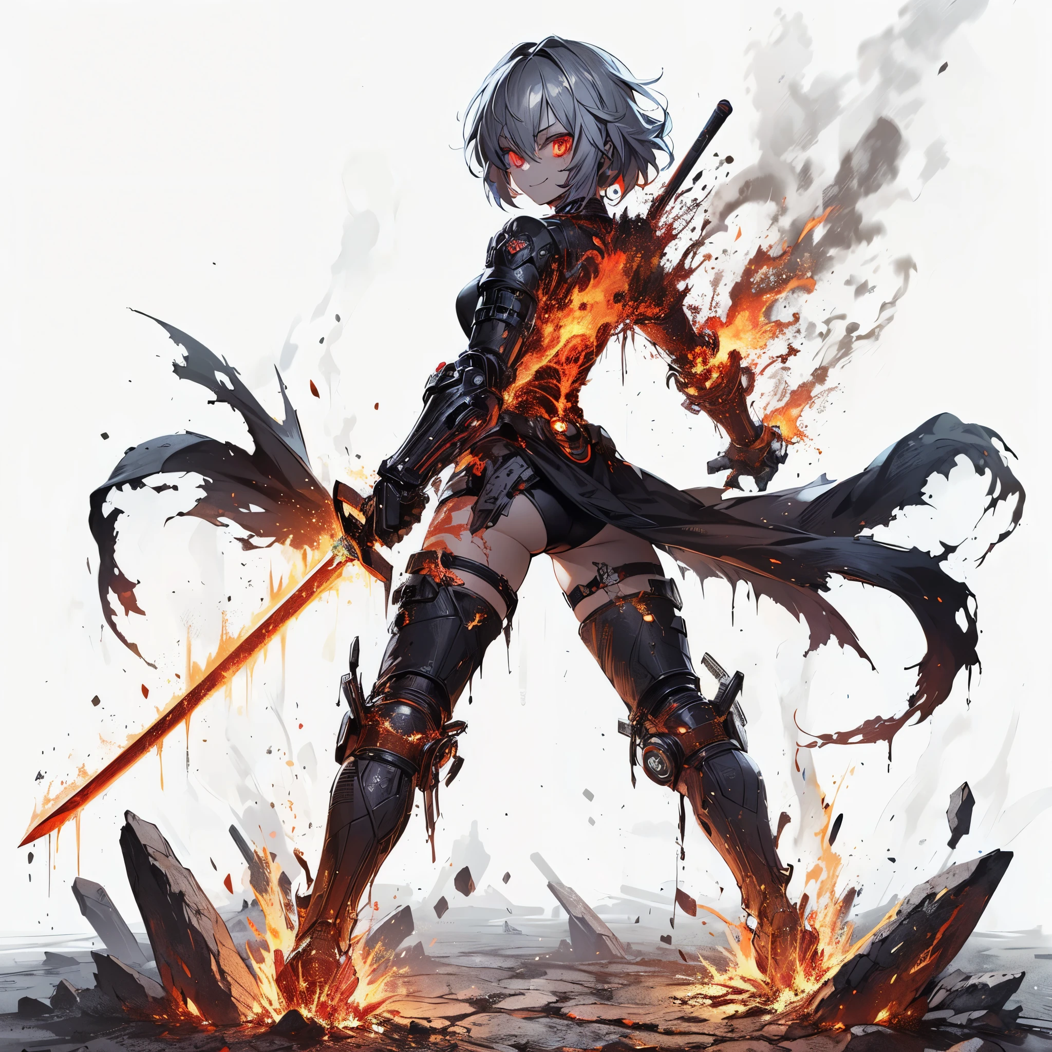A woman with a sword standing in front of a fire - SeaArt AI