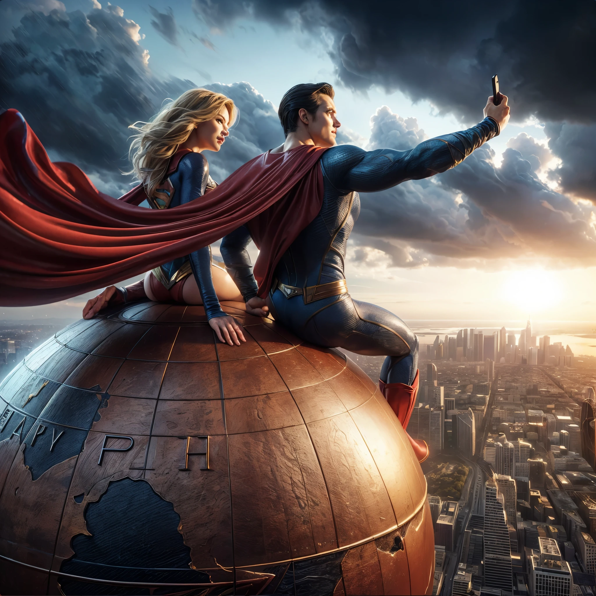 Superman and supergirl on a globe in the sky - SeaArt AI