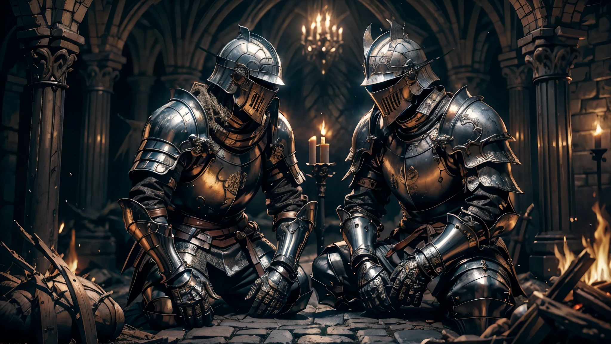 Two knights in armor sit in front of a fireplace - SeaArt AI