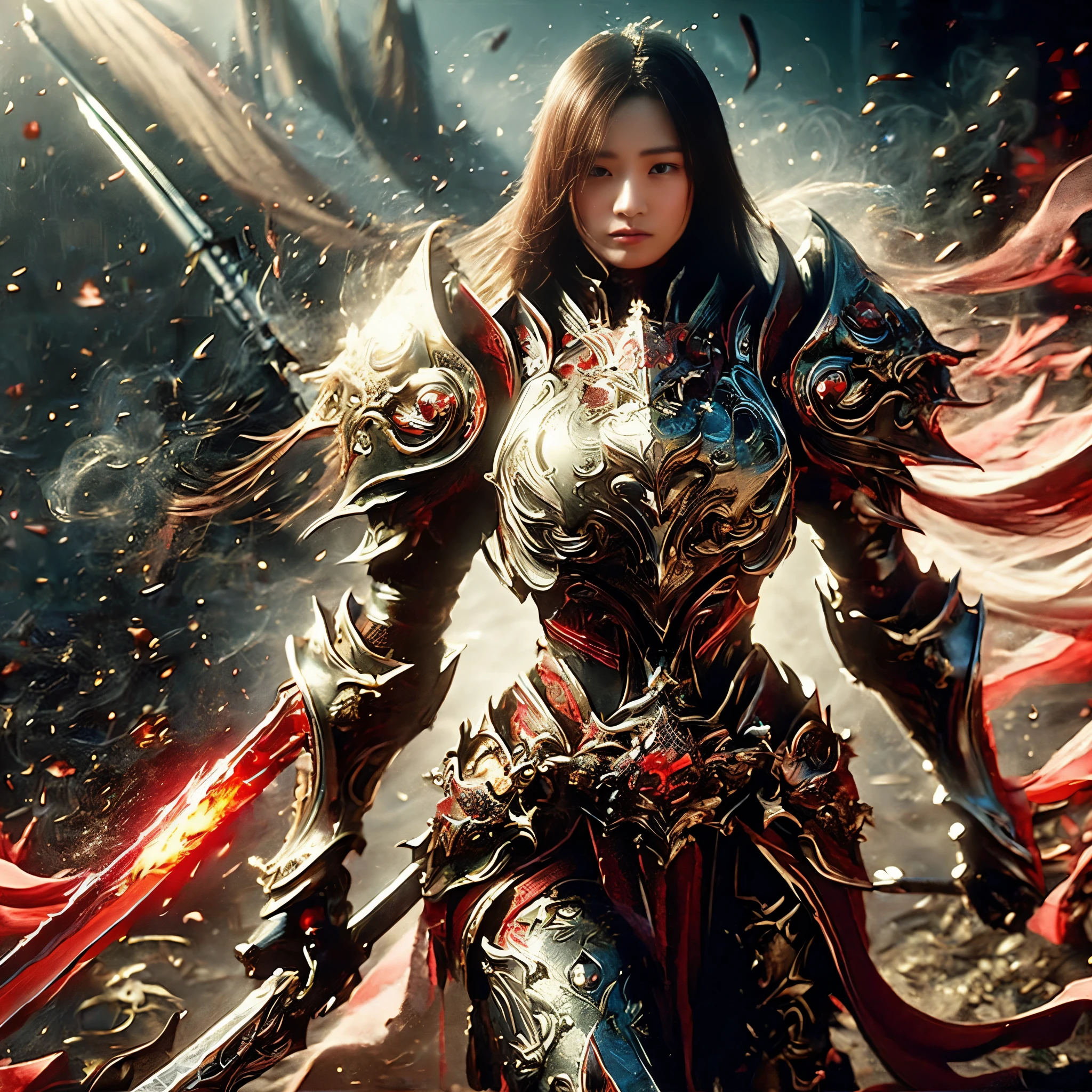 A close up of a woman in armor holding two swords - SeaArt AI