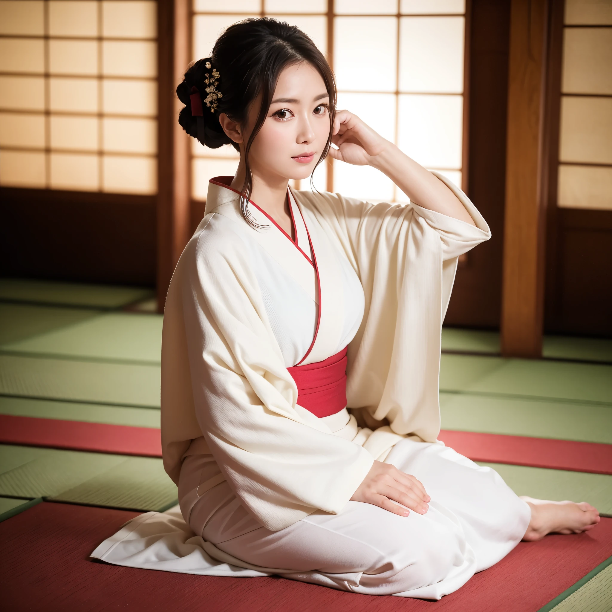 Araffe woman in a kimono sitting on a mat in a room - SeaArt AI