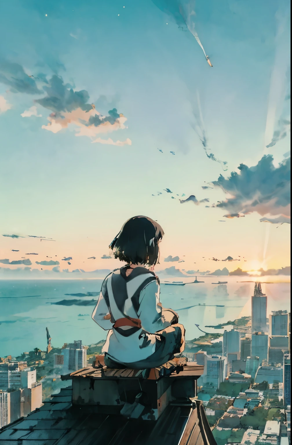 Anime girl sitting on a roof looking at the city - SeaArt AI