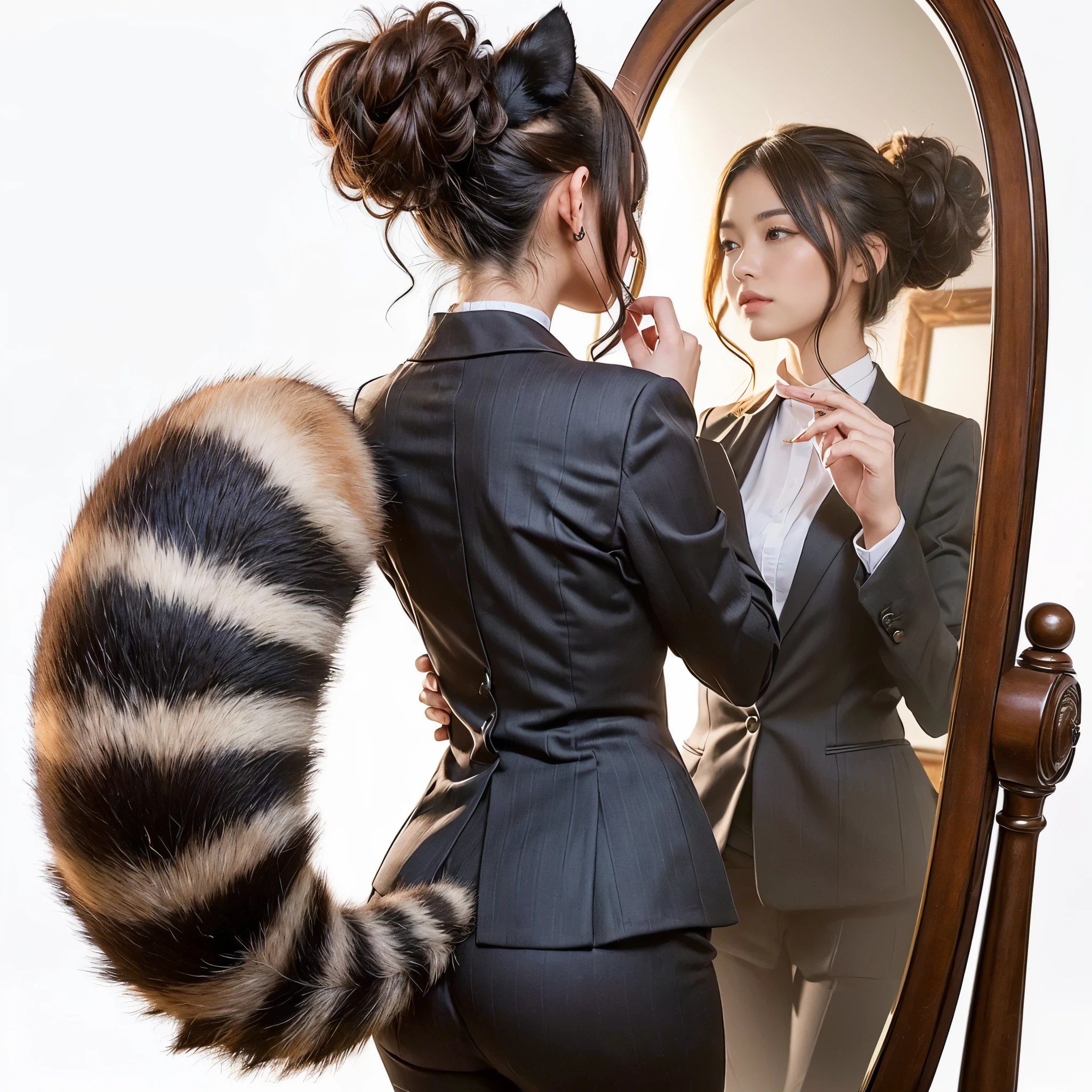 There is a woman in a suit and cat tail brushing her teeth - SeaArt AI
