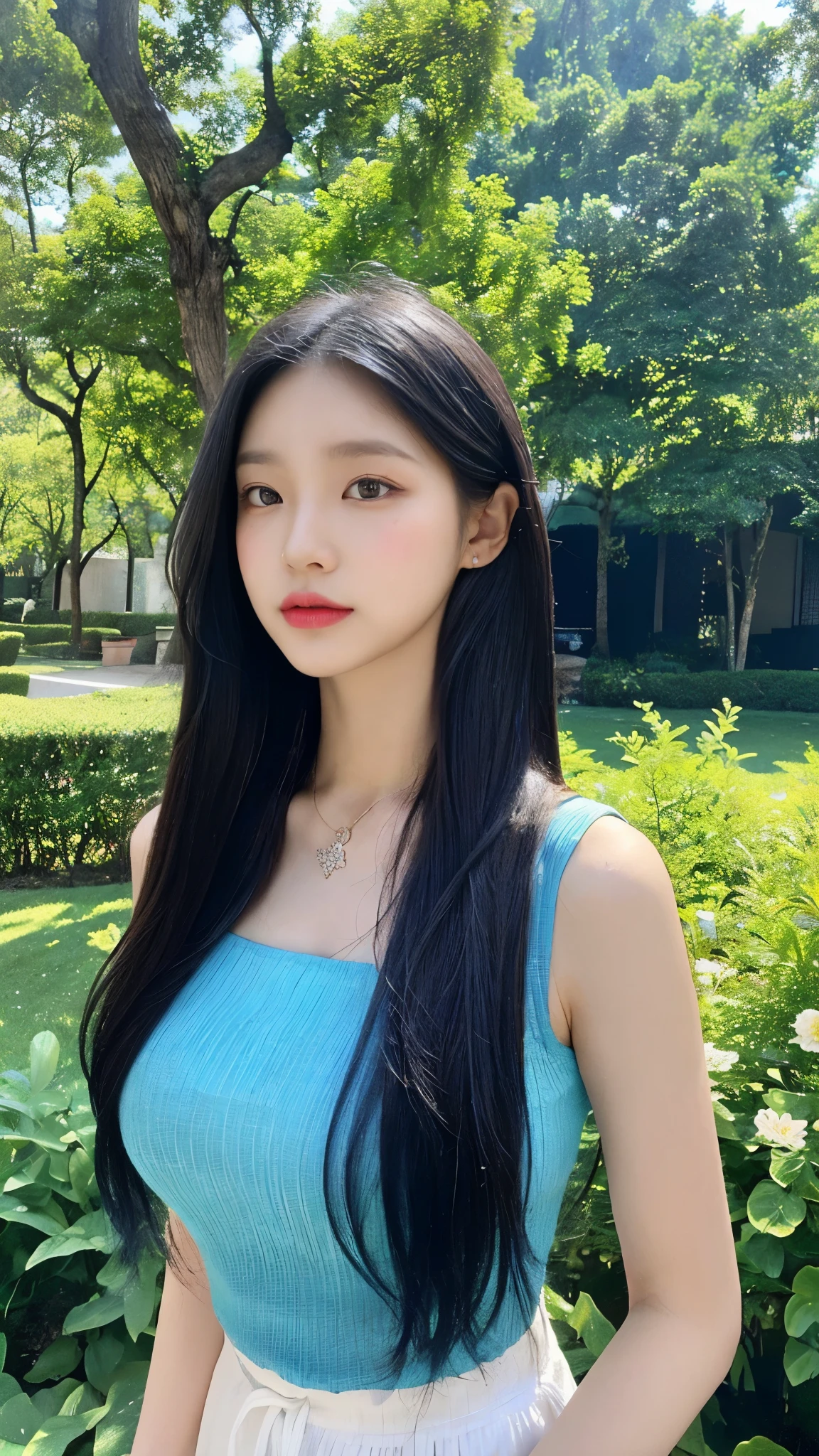 A woman with long black hair wearing a blue top and white skirt - SeaArt AI