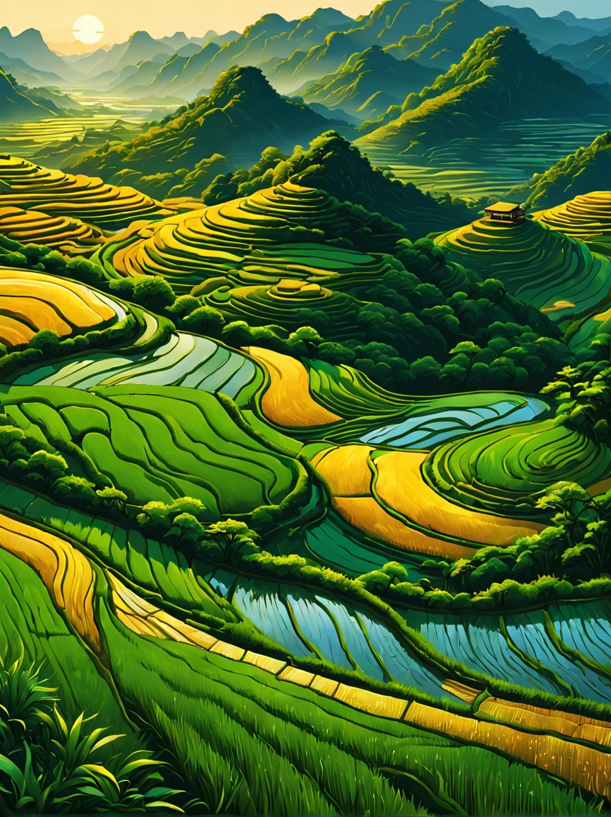 A bird's-eye view of the horizon，lush rice fields，undulating like an ...
