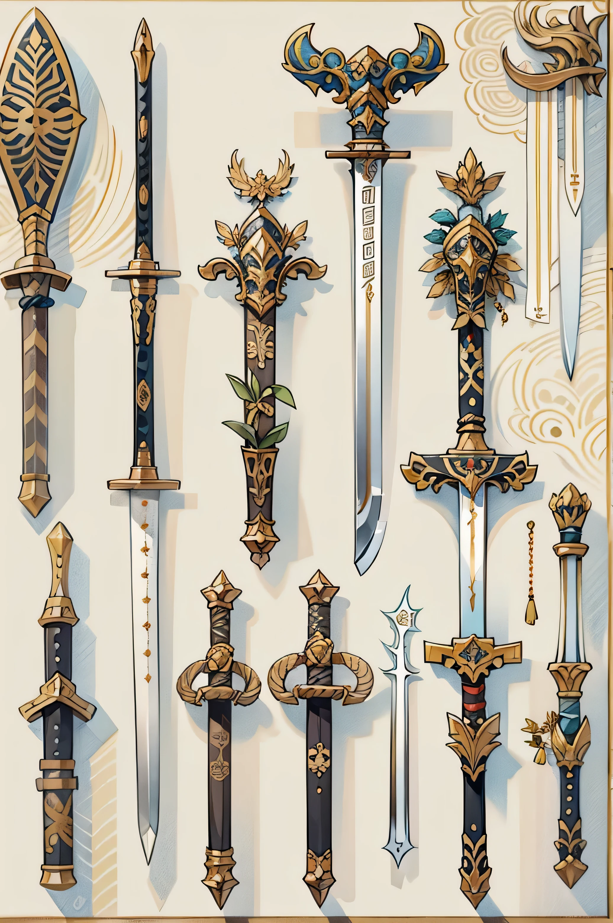 There are many different types of swords displayed on a wall - SeaArt AI