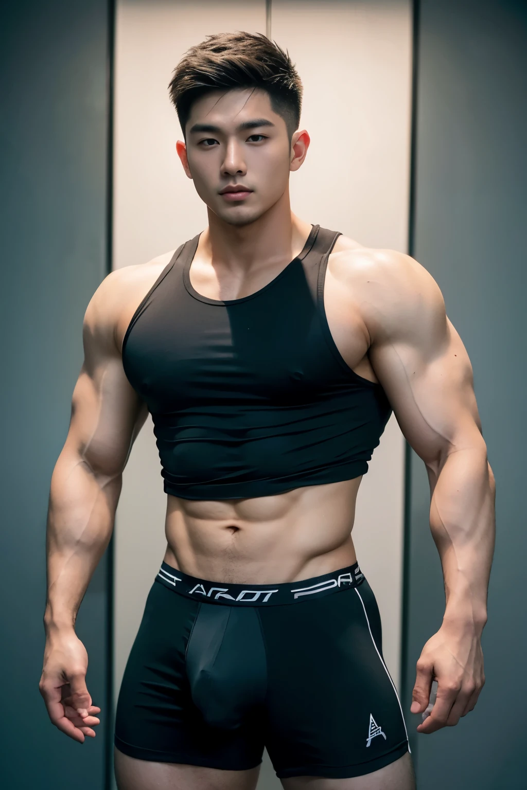 A man in a black tank top and black shorts posing for a picture - SeaArt AI