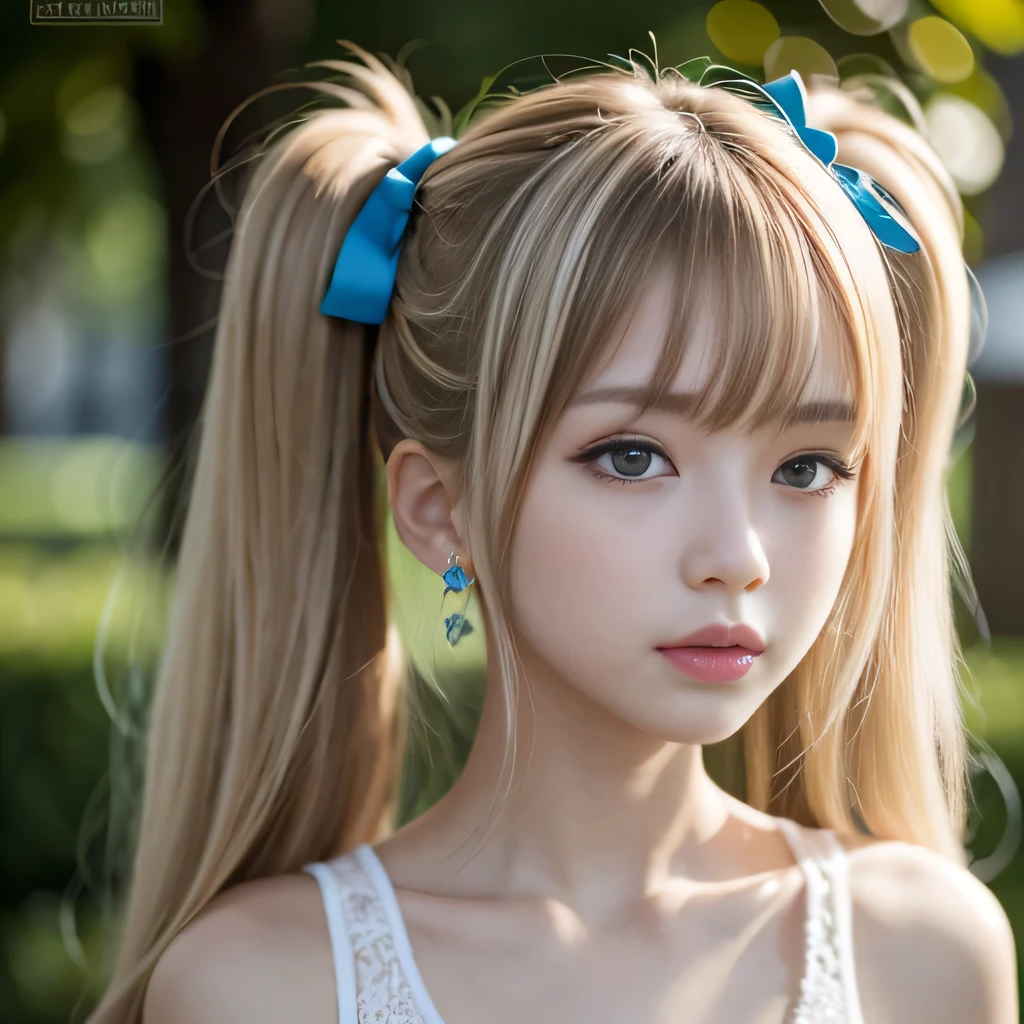 A close up of a young girl with a ponytail and a blue bow - SeaArt AI