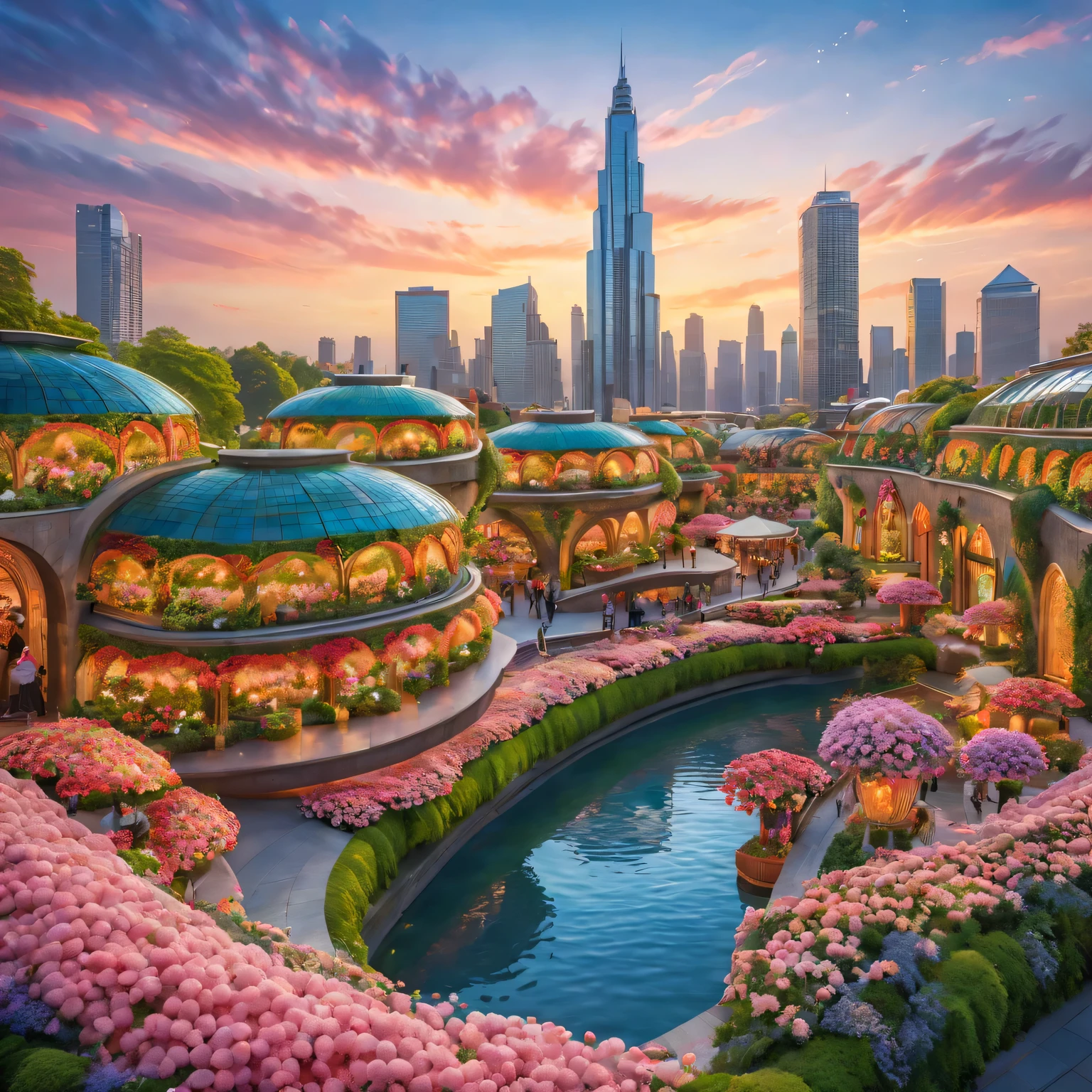 A painting of a city with a fountain and a lot of flowers - SeaArt AI