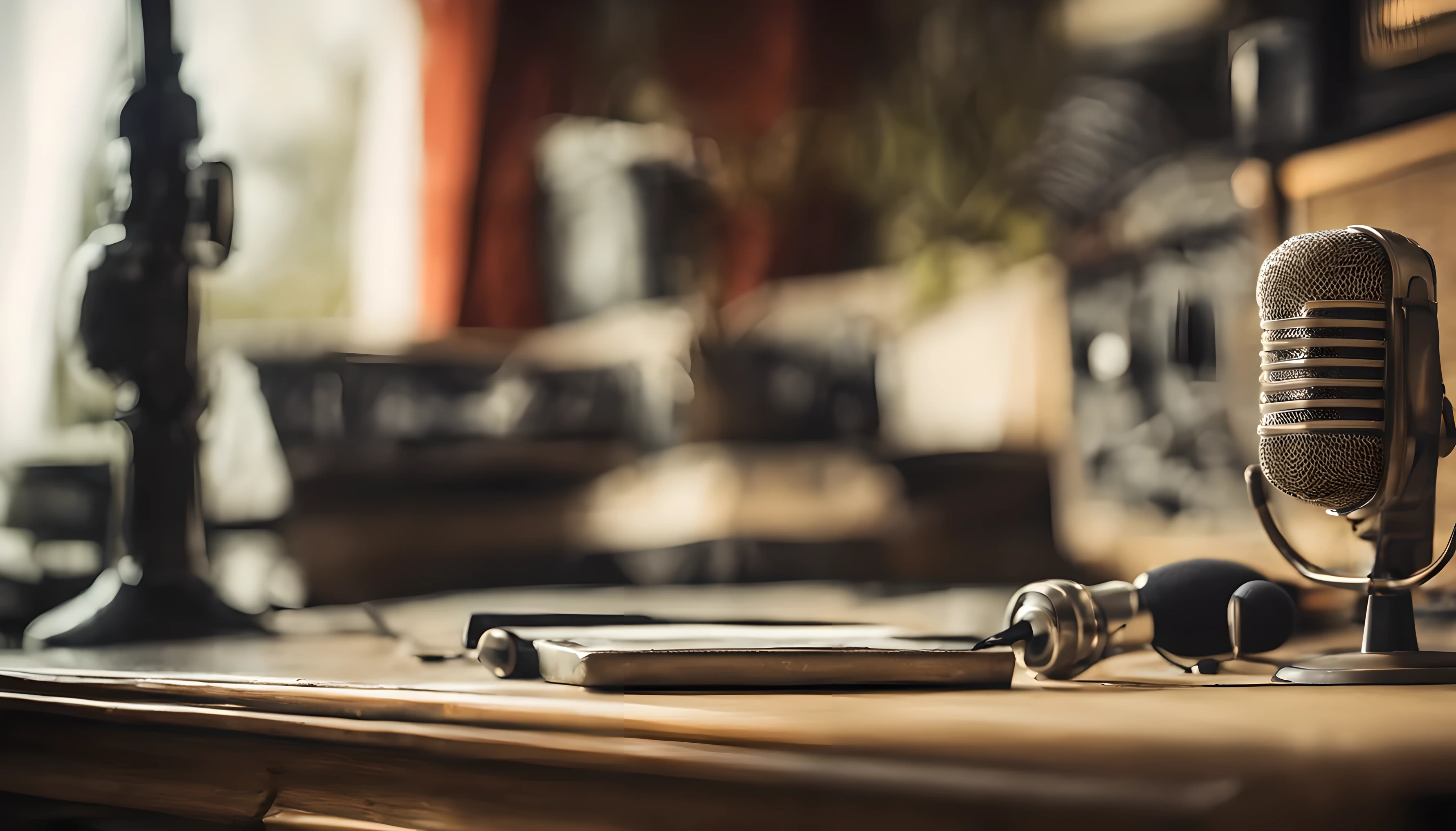 A close up of a microphone and a cell phone on a table - SeaArt AI